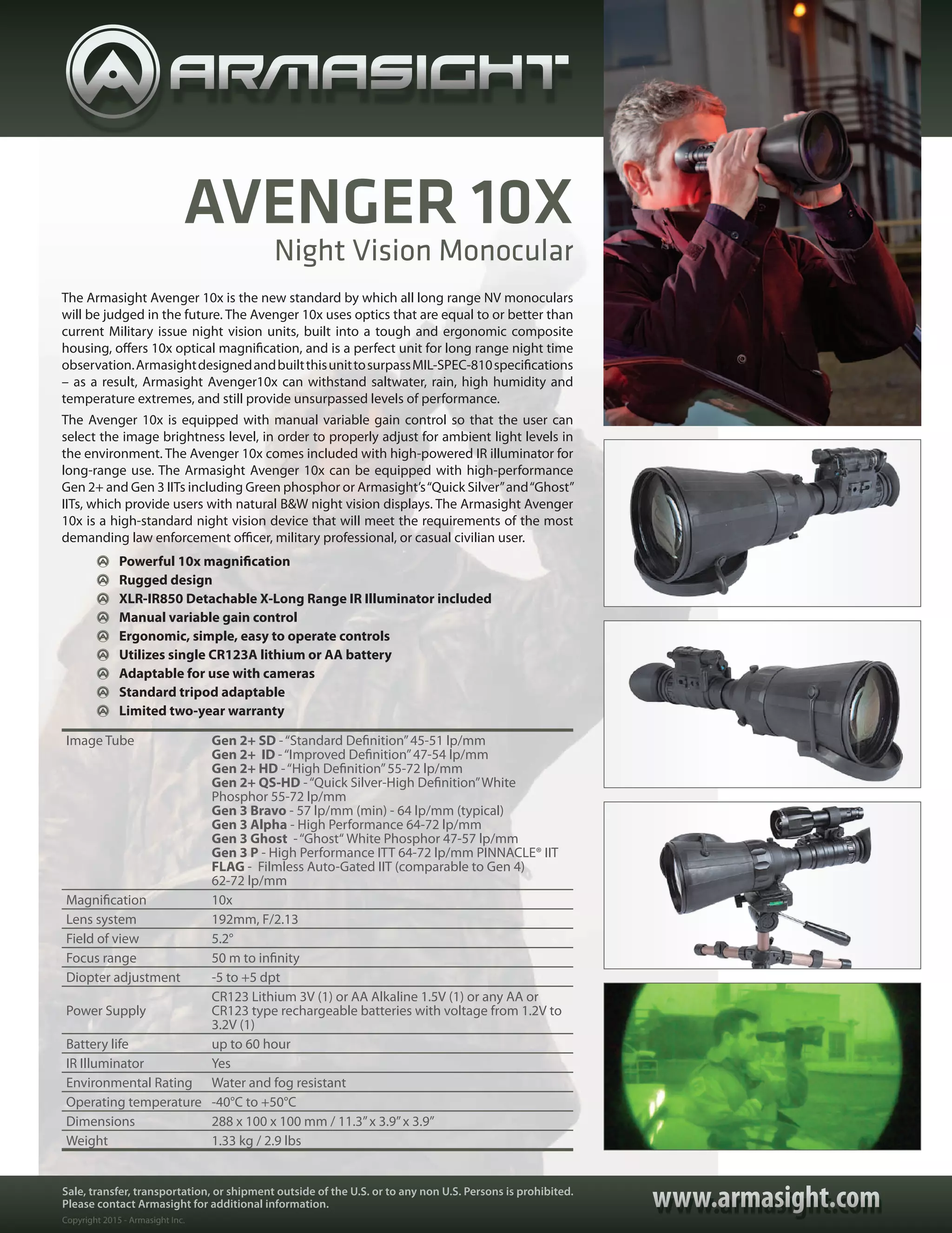 Technical data ARMASIGHT AVENGER 10X NV Monocular | Optics Trade | PDF