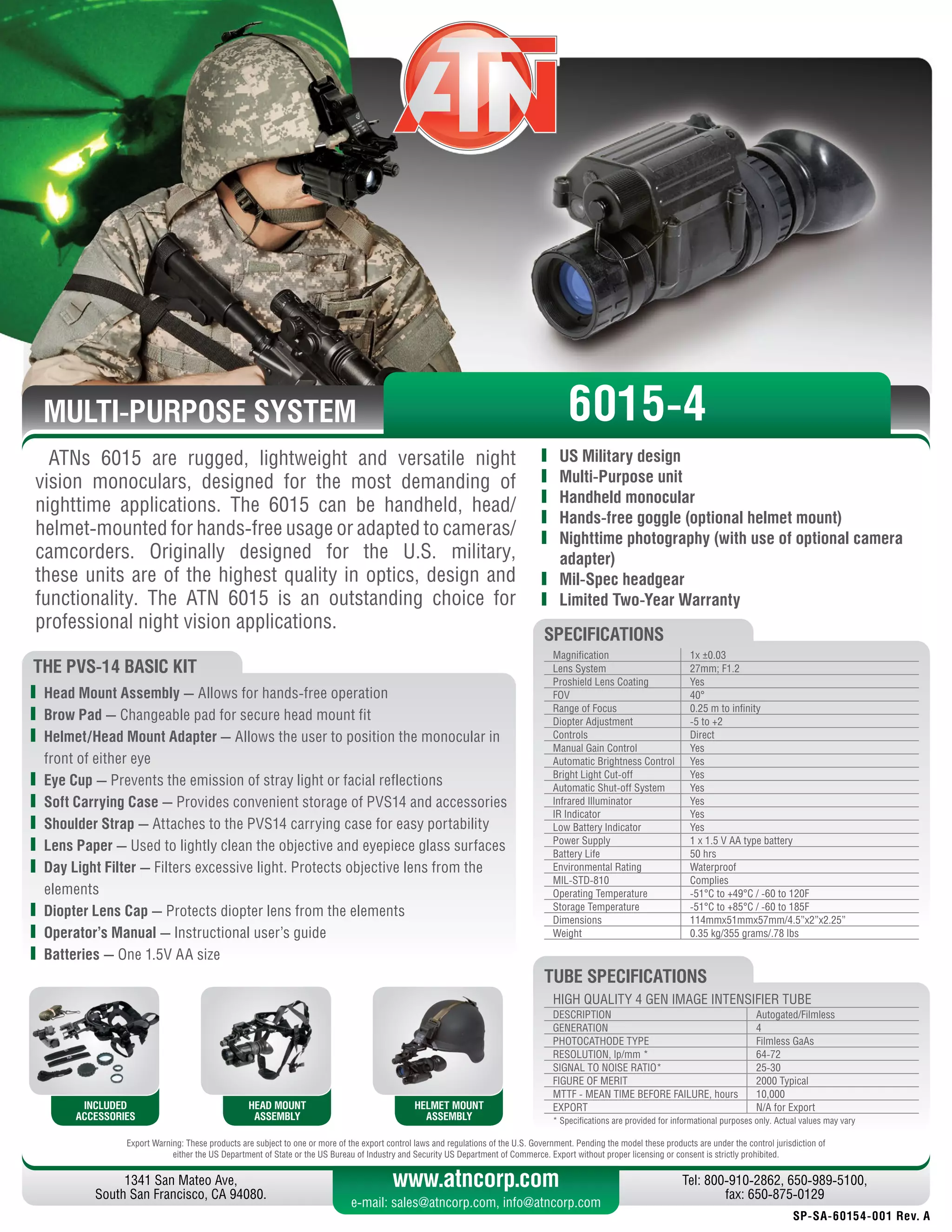 Technical data ATN 6015-4 Monoculars | Optics Trade | PDF