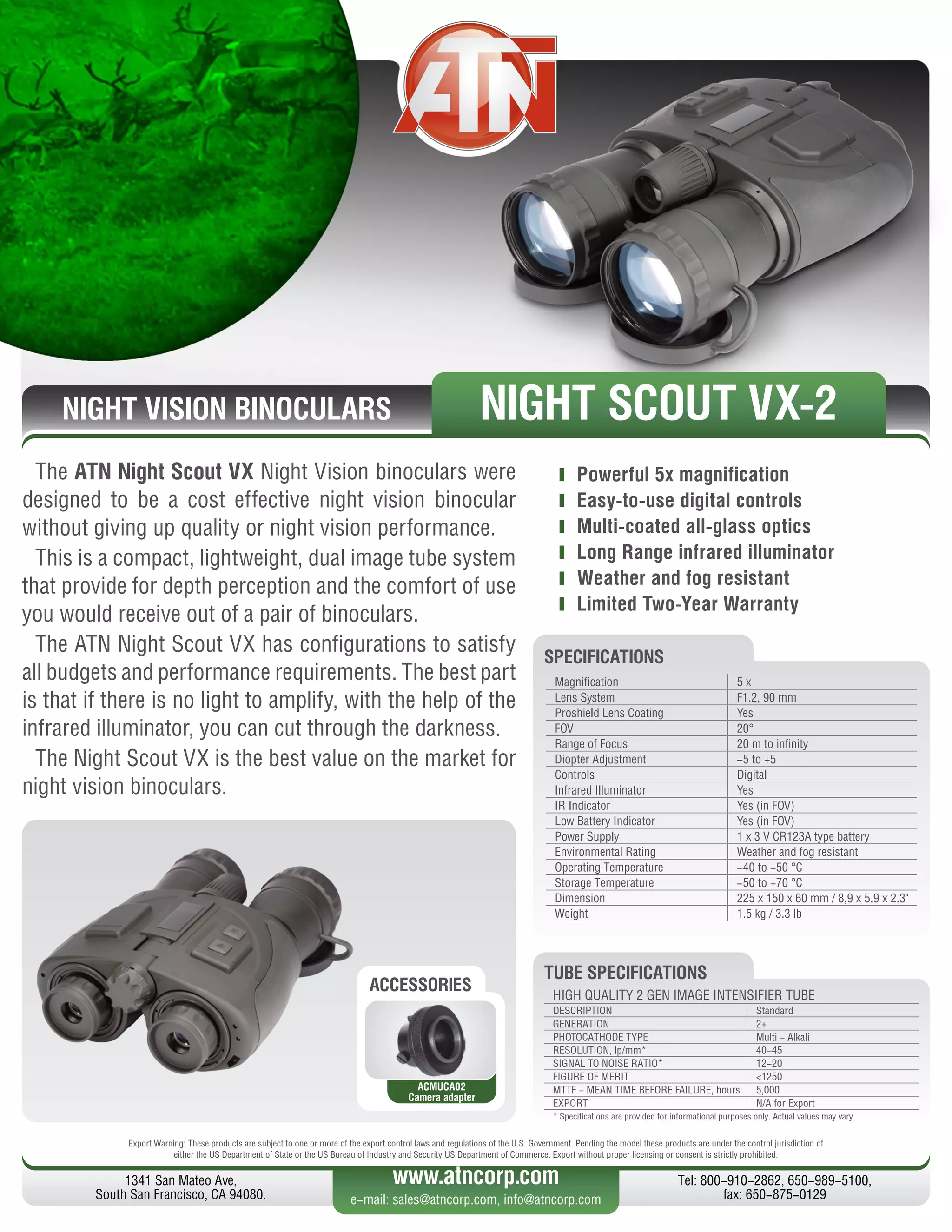 Technical data ATN Night Scout VX Binoculars | Optics Trade | PDF