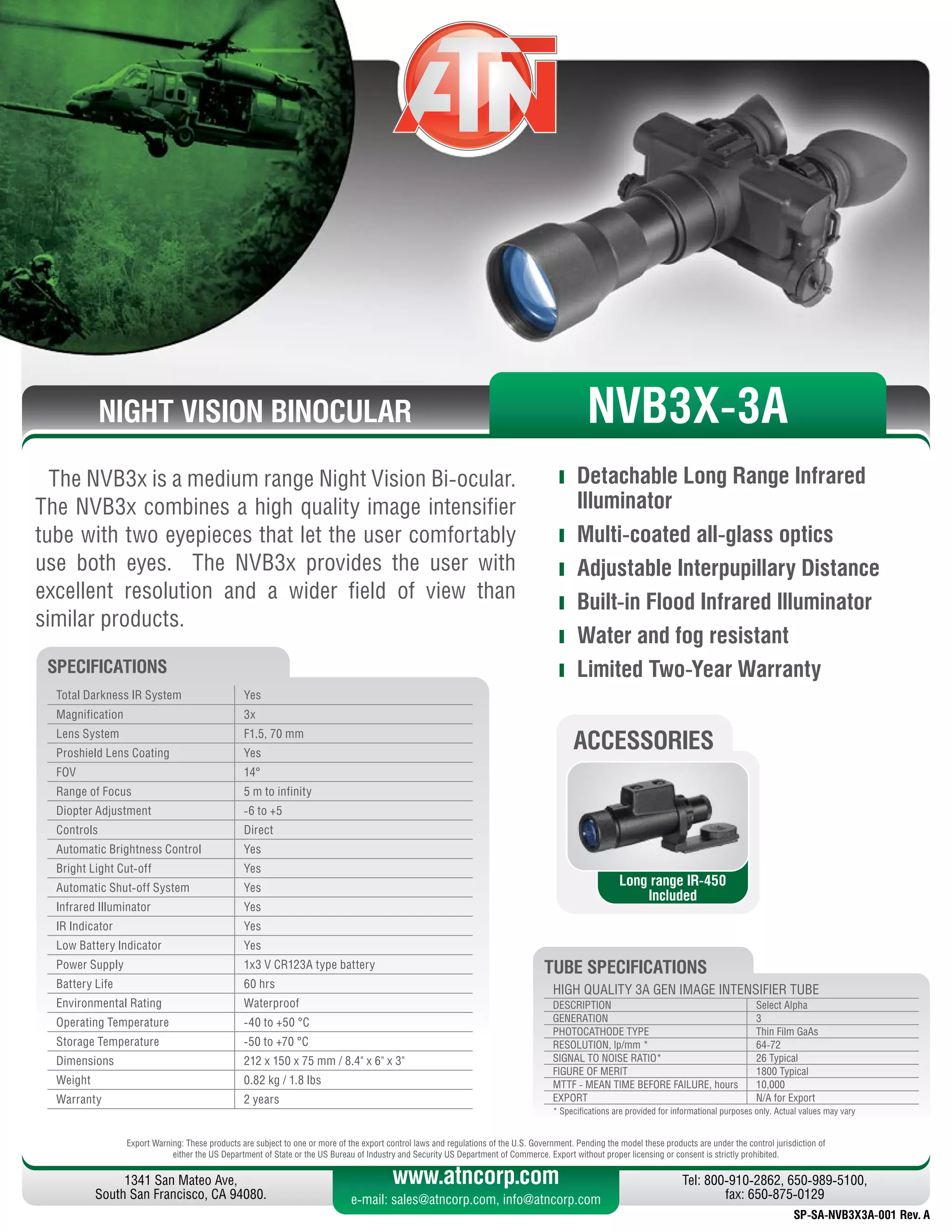Technical data ATN NVB3X-3A Binoculars | Optics Trade | PDF