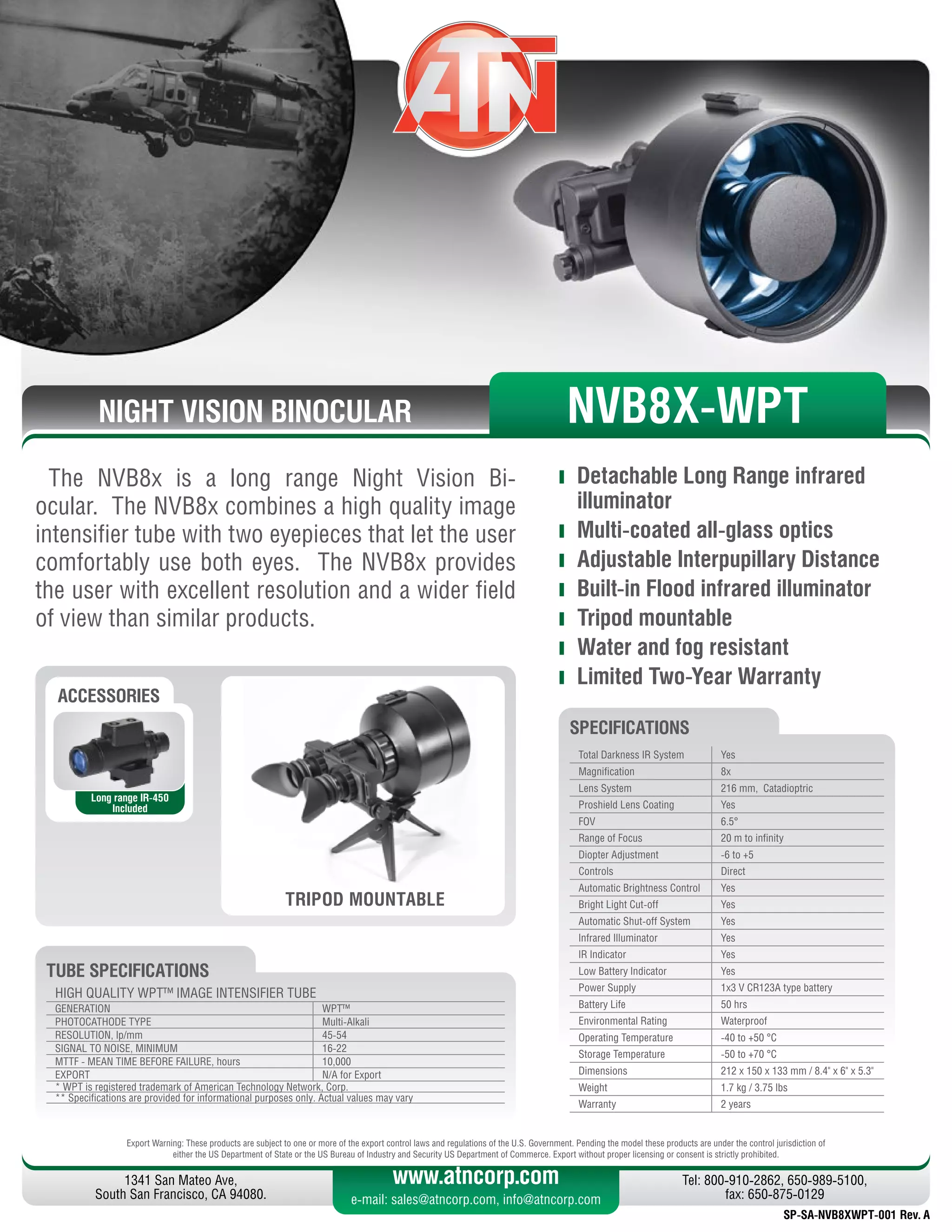Technical data ATN NVB8X-WPT Binoculars | Optics Trade | PDF