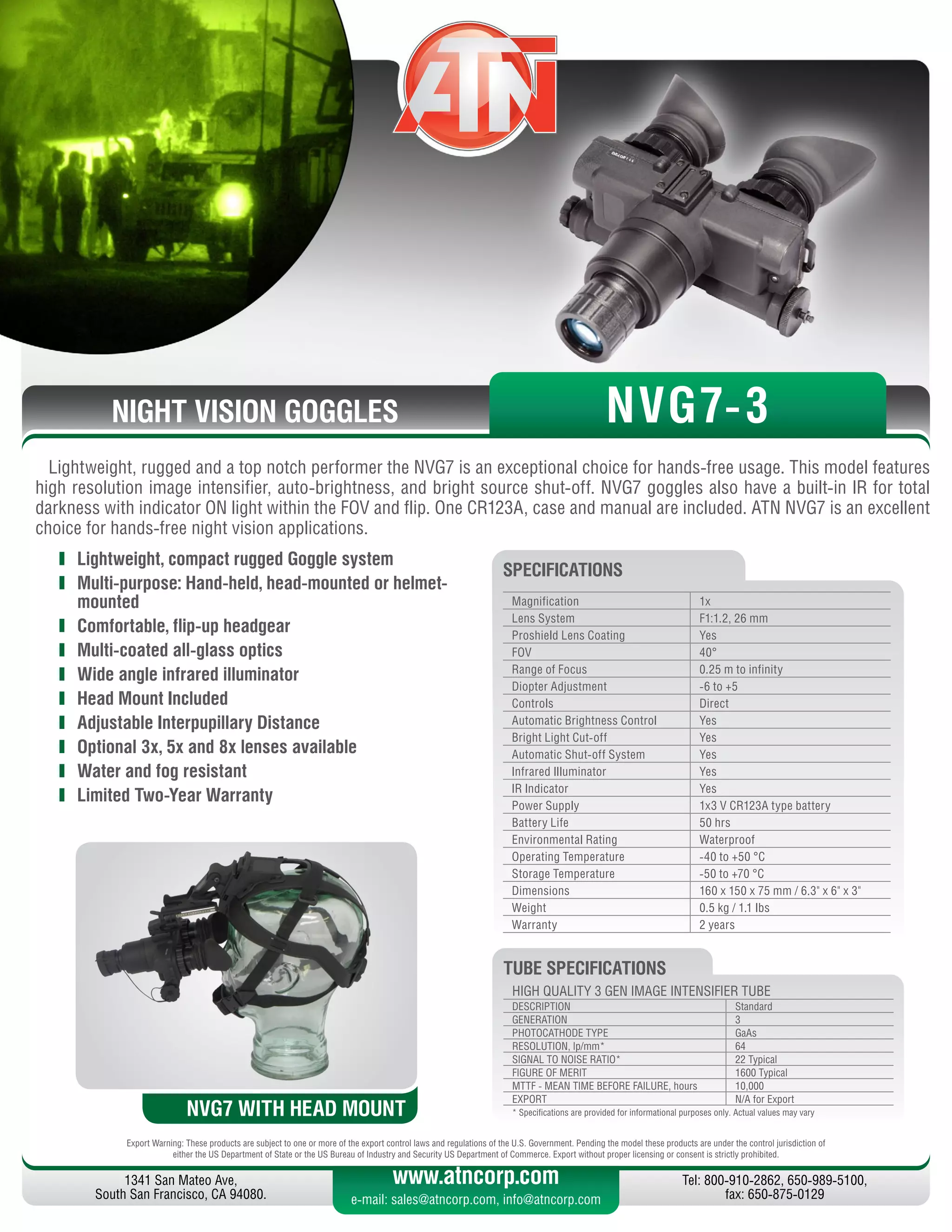Technical data ATN NVG7-3 Goggles | Optics Trade | PDF