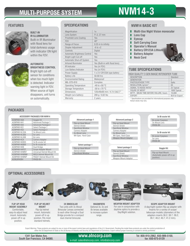 Technical data ATN NVM14-3 Monoculars | Optics Trade | PDF