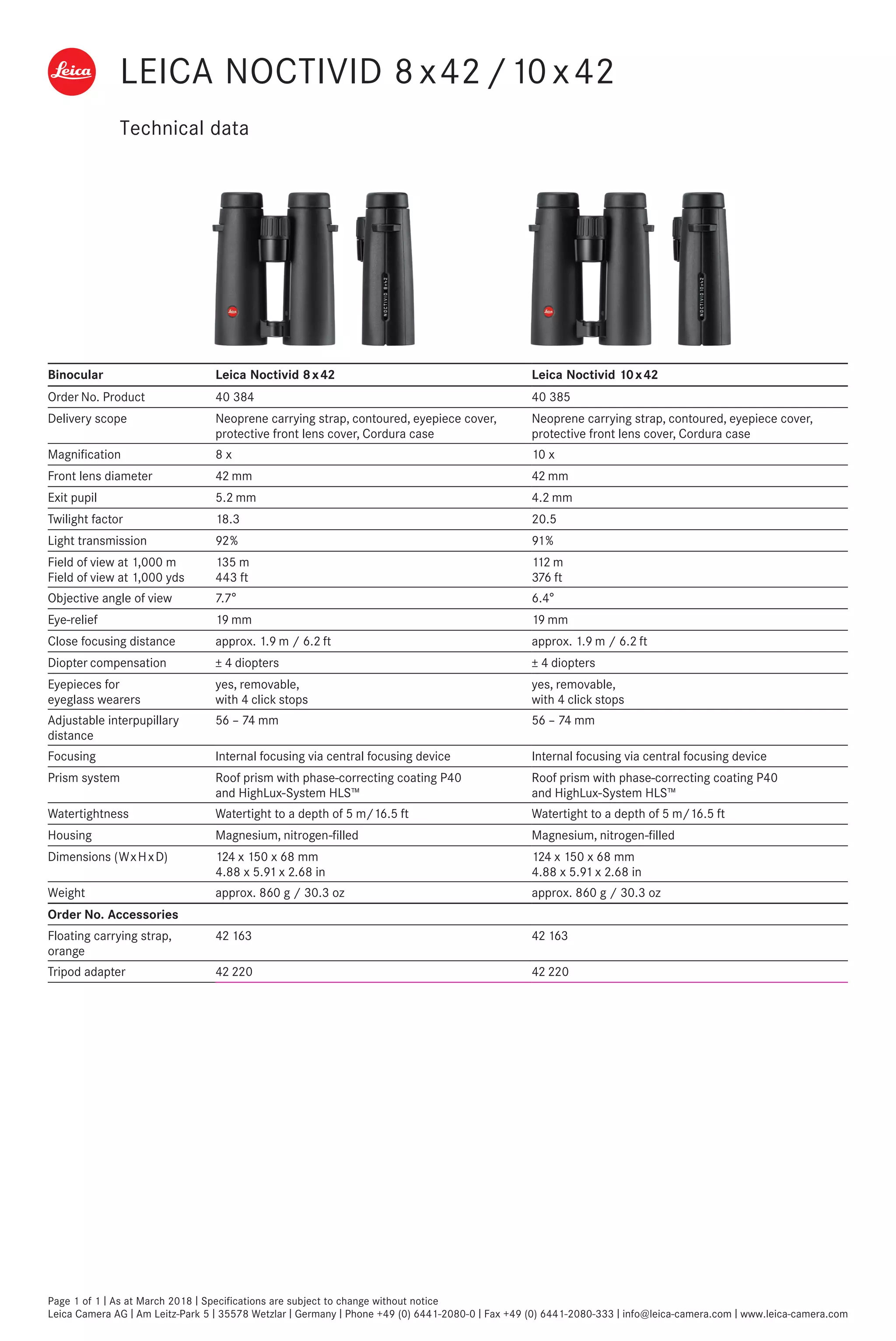 Technical data | Leica Noctivid Binoculars | Optics Trade | PDF