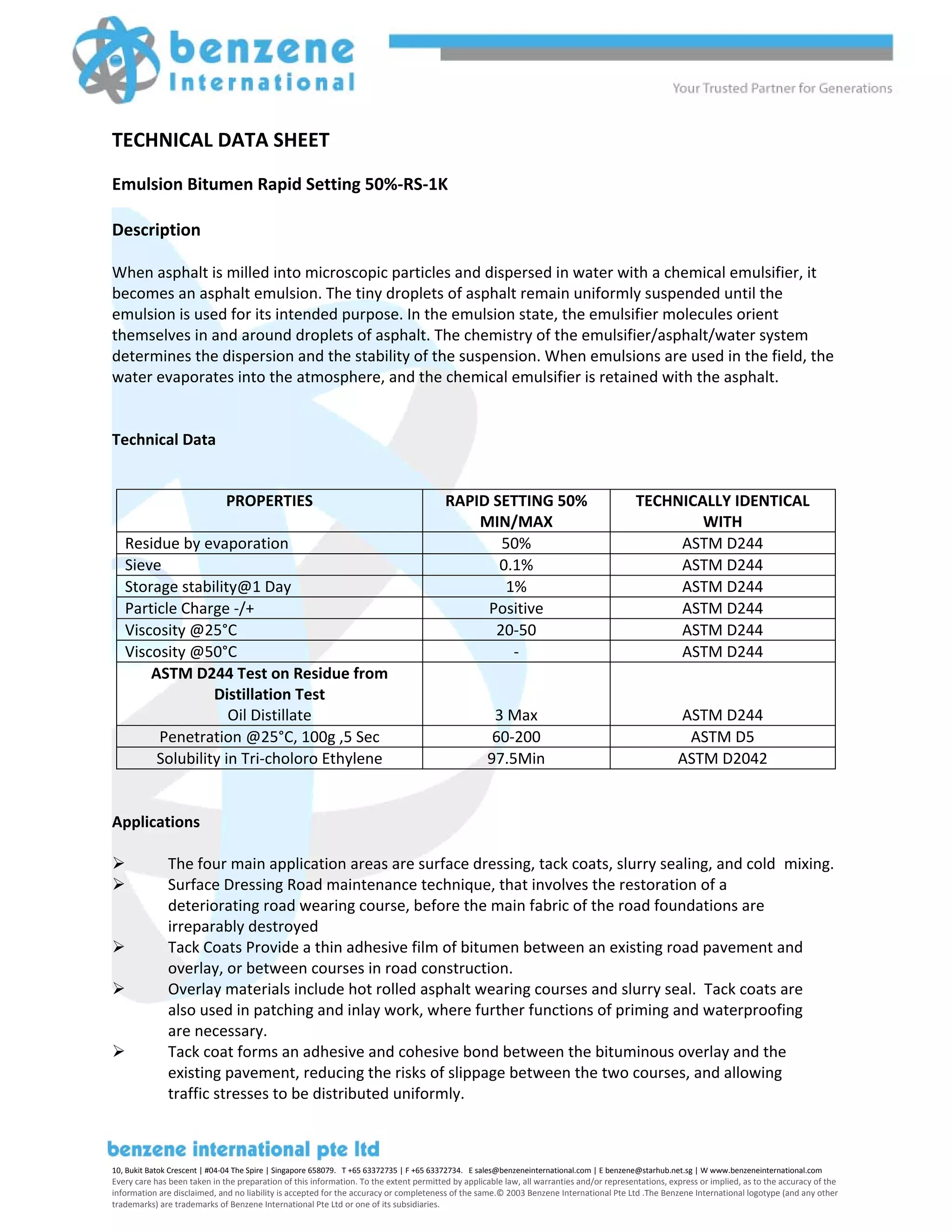 Technical data sheet bitumen emulsion rs 50% | PDF