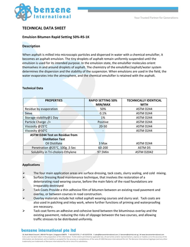 Technical data sheet bitumen emulsion rs 50% | PDF