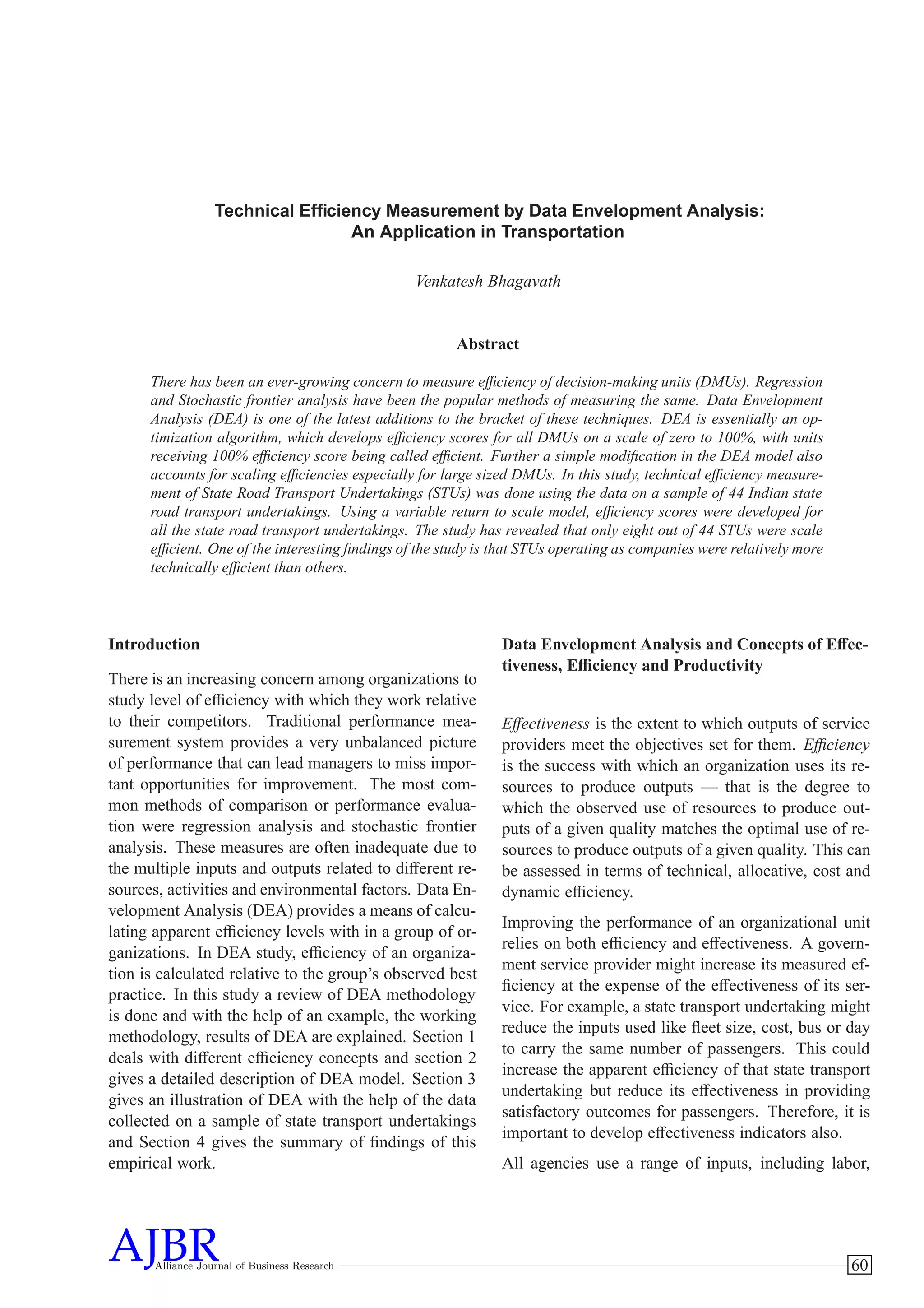 Technical efficiency measurement by data envelopment analysis an application in transportation | PDF