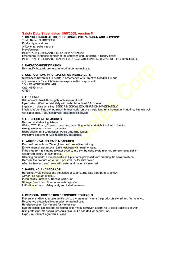 Technical & Safety Data Sheet Arexons Motorsil D - Original Red from ...