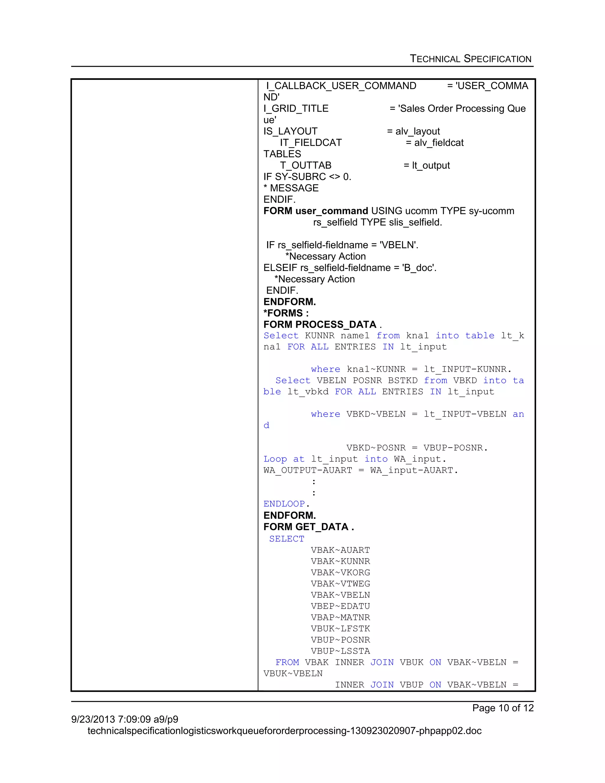 Technical specification : SD(Logistics)_Order_Processing | DOC