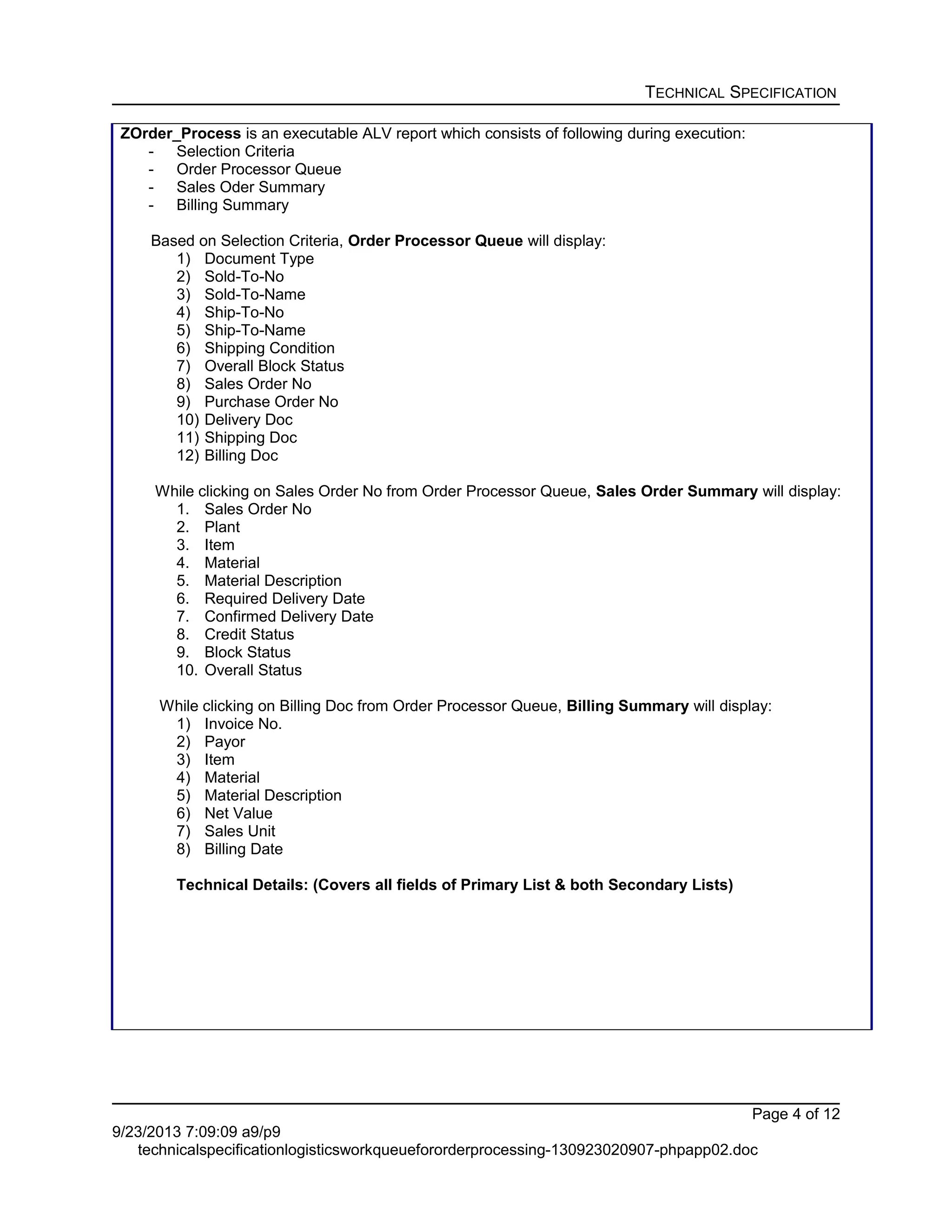 Technical specification : SD(Logistics)_Order_Processing | DOC