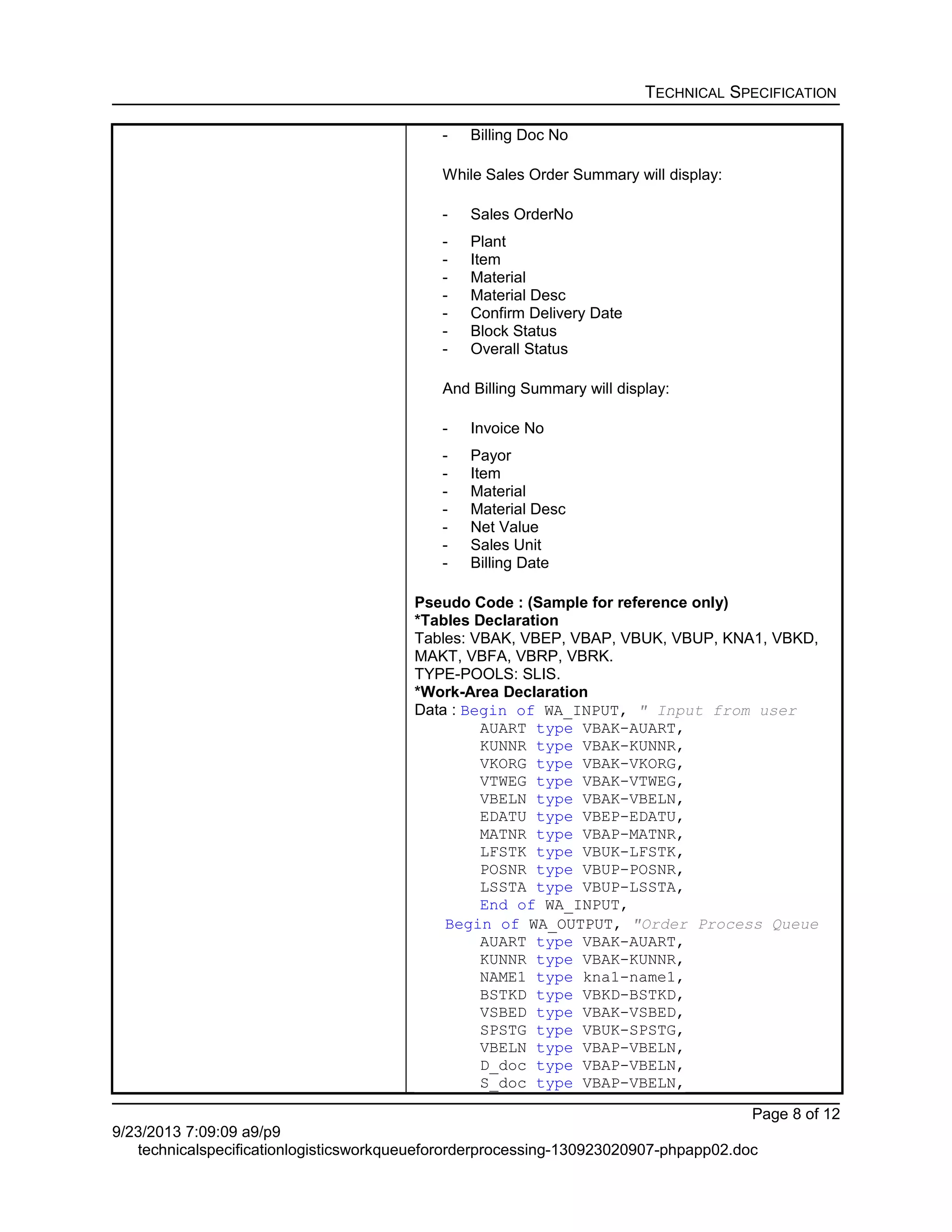 Technical specification : SD(Logistics)_Order_Processing | DOC