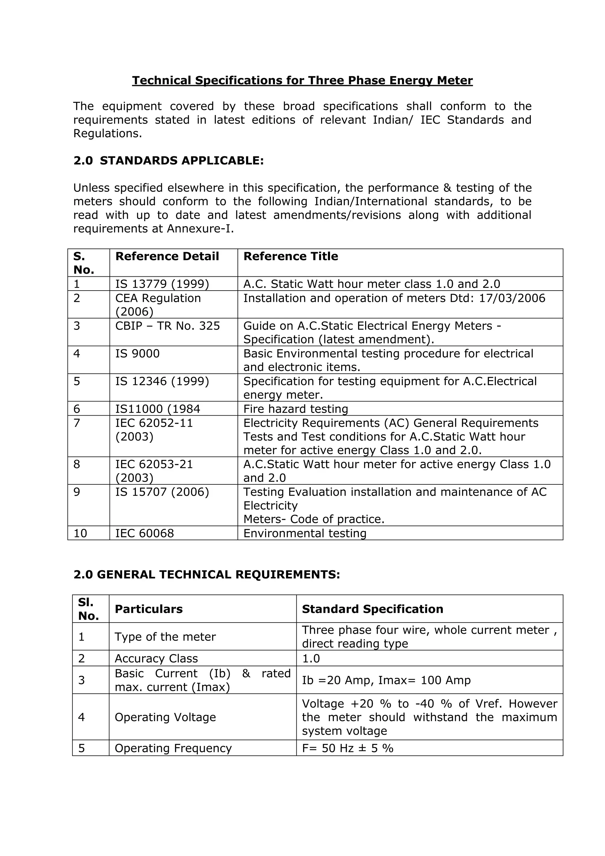 Technical specifications for three phase meters | PDF
