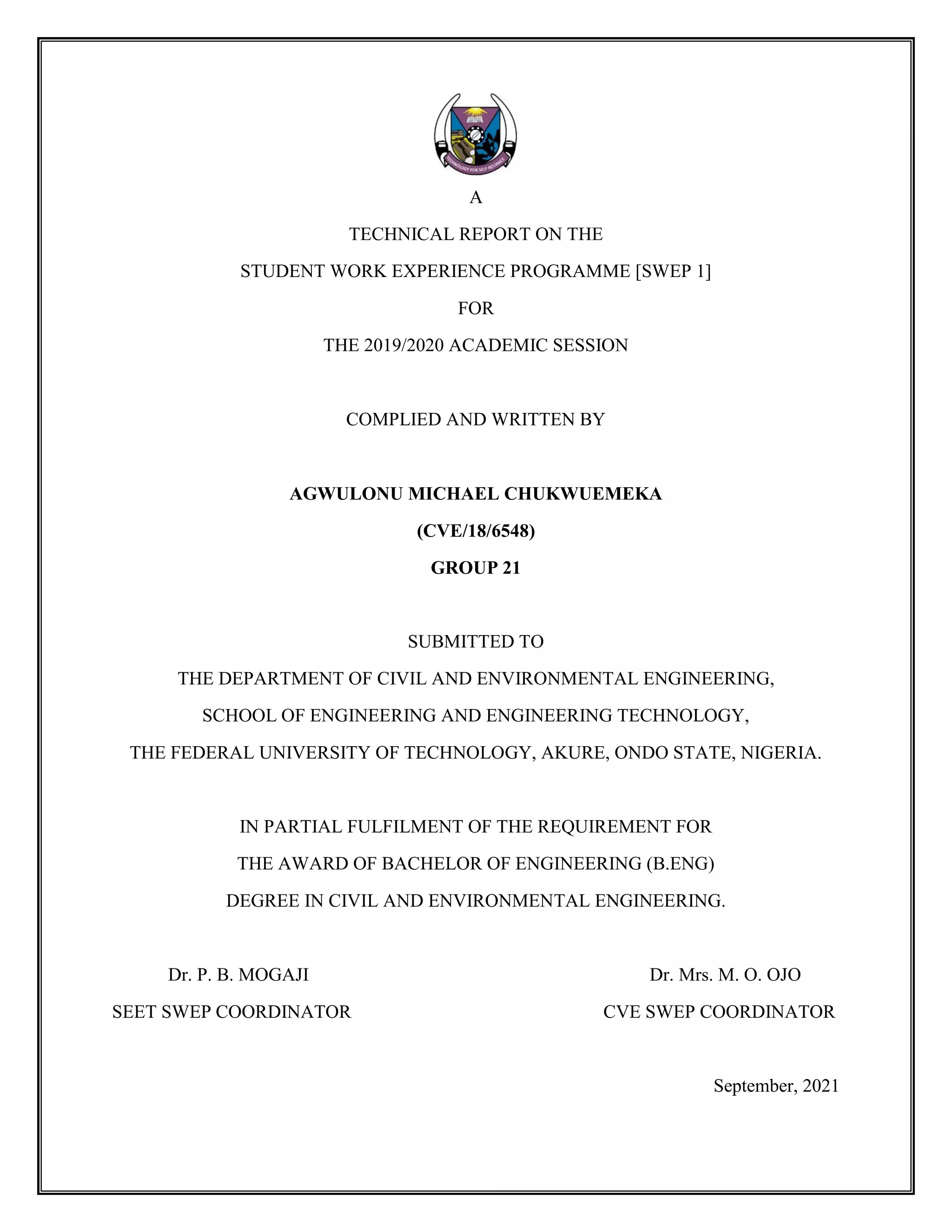 Student Work Experience Programme (SWEP 1) Technical Report by Michael Agwulonu | PDF