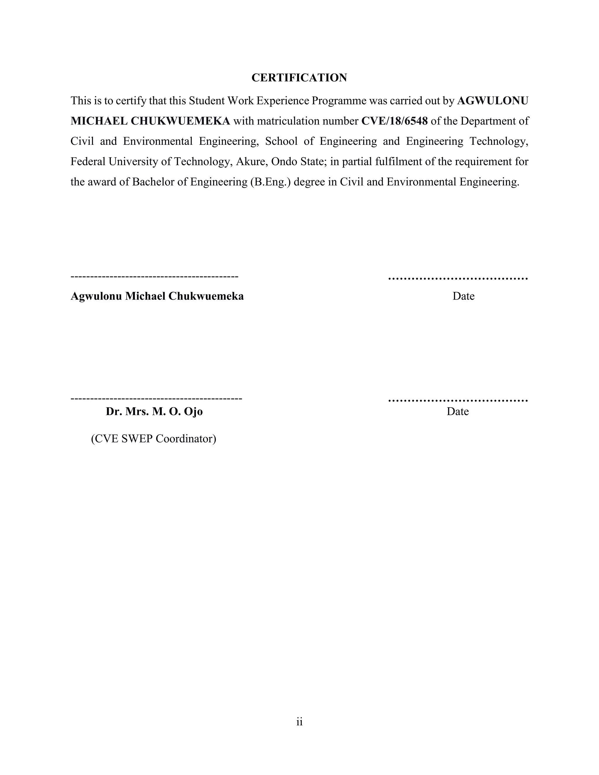 Student Work Experience Programme (SWEP 1) Technical Report by Michael ...