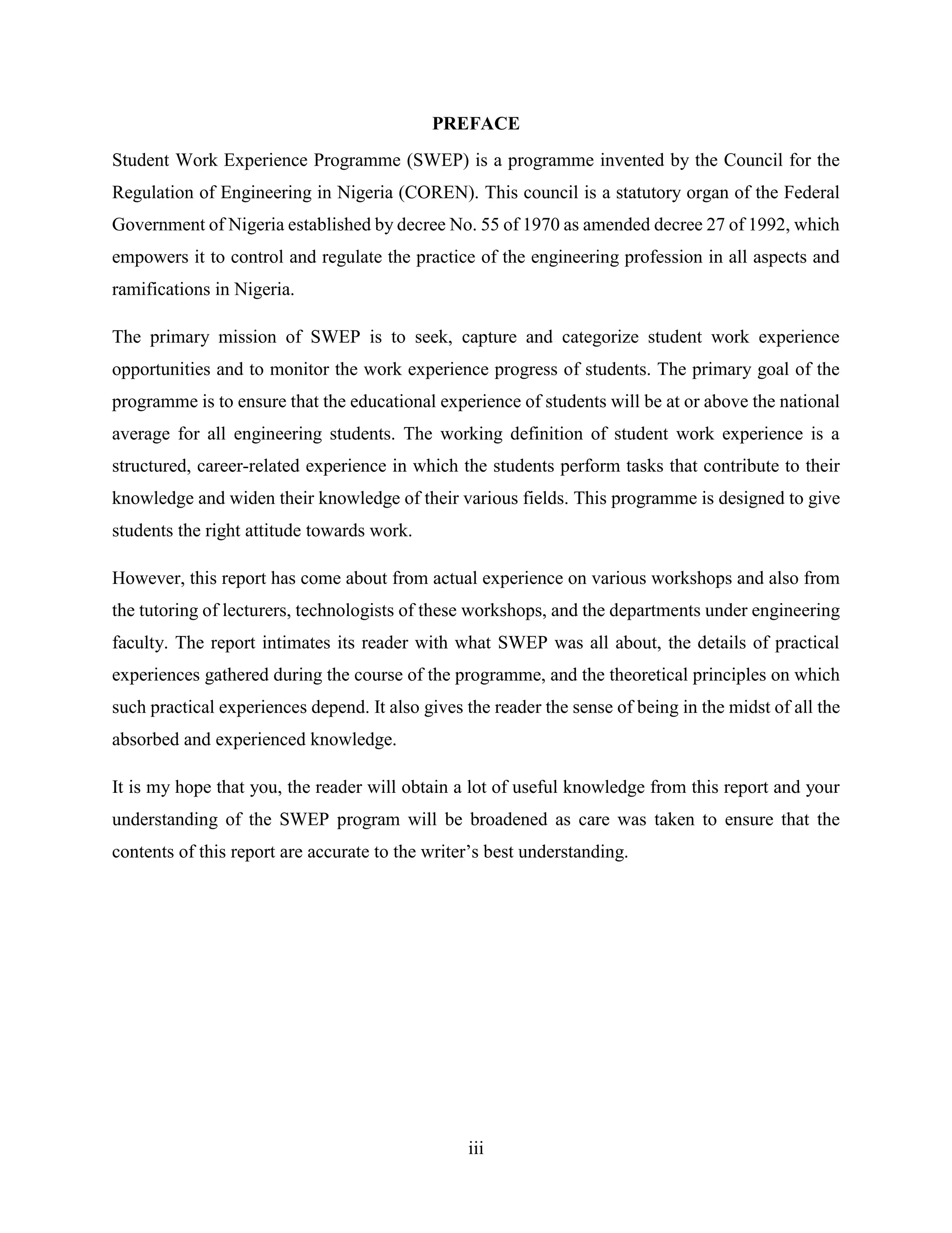 Student Work Experience Programme (SWEP 1) Technical Report by Michael Agwulonu | PDF