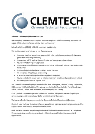 Technical tender manager job ref 1211 17 | PDF