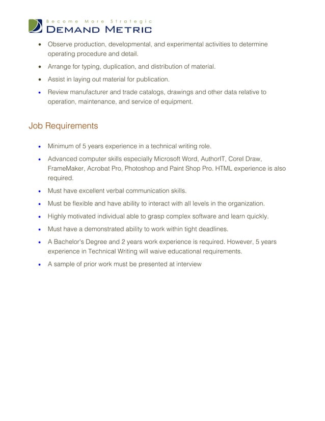 Technical Writer Job Description | PDF