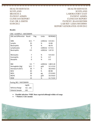 Technician report initial testing | PDF | Blood Disorders | Diseases ...