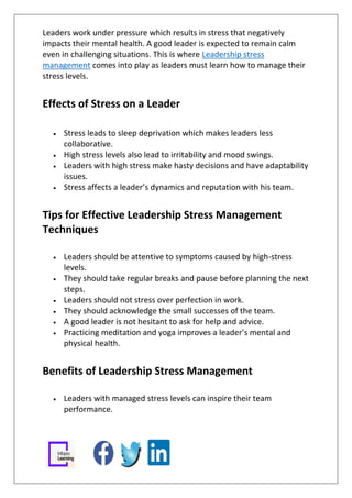 Techniques and Benefits of Leadership Stress Management | PDF