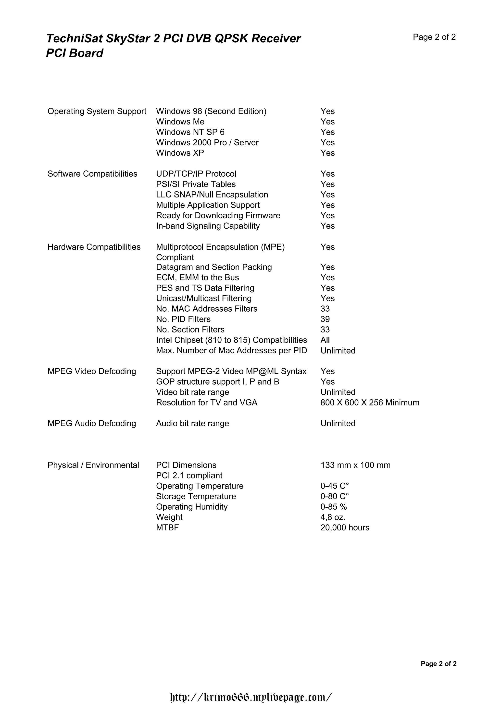 Techni Sat Sky Star 2 Specs | PDF