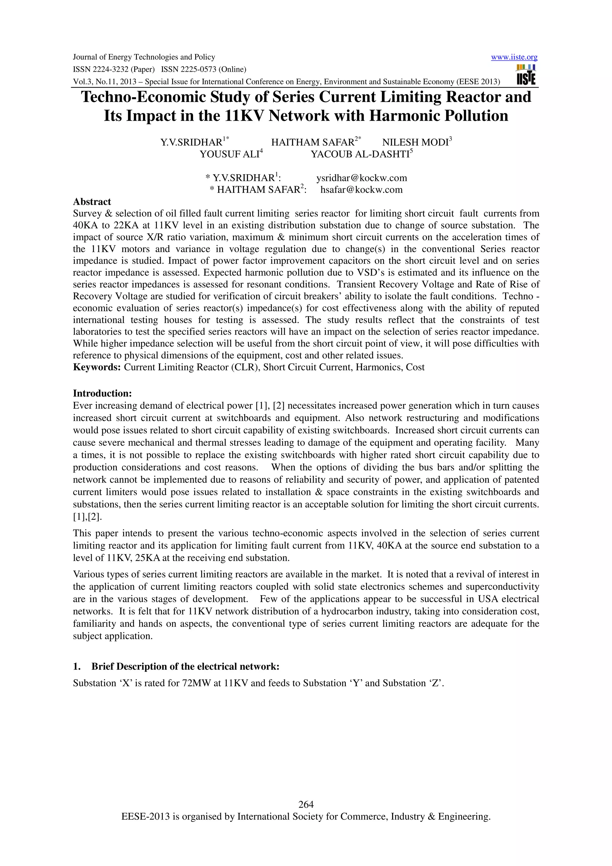 Techno economic study of series current limiting reactor and its impact ...