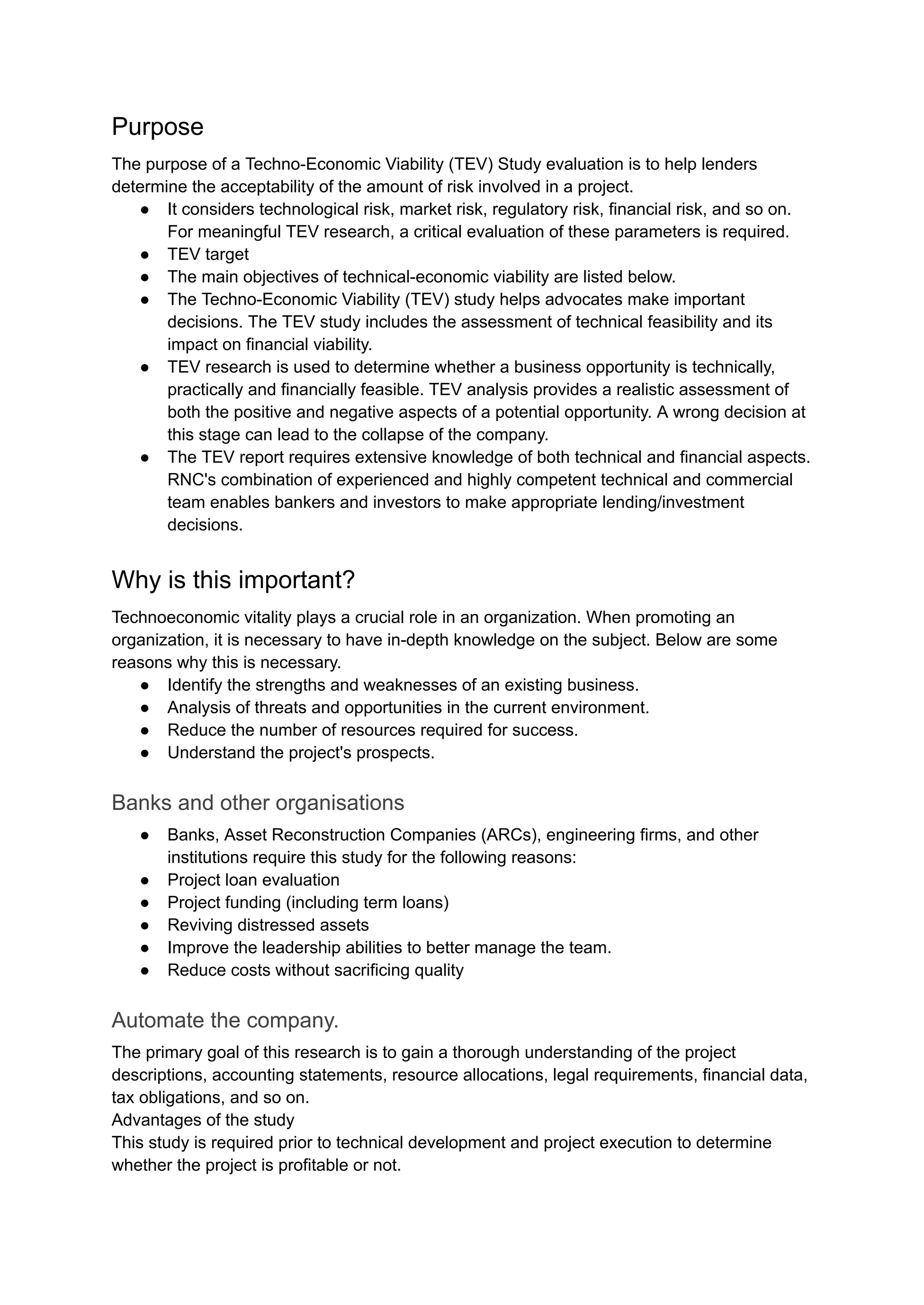 Techno-Economic Viability (TEV) Study: Perks and Components | PDF