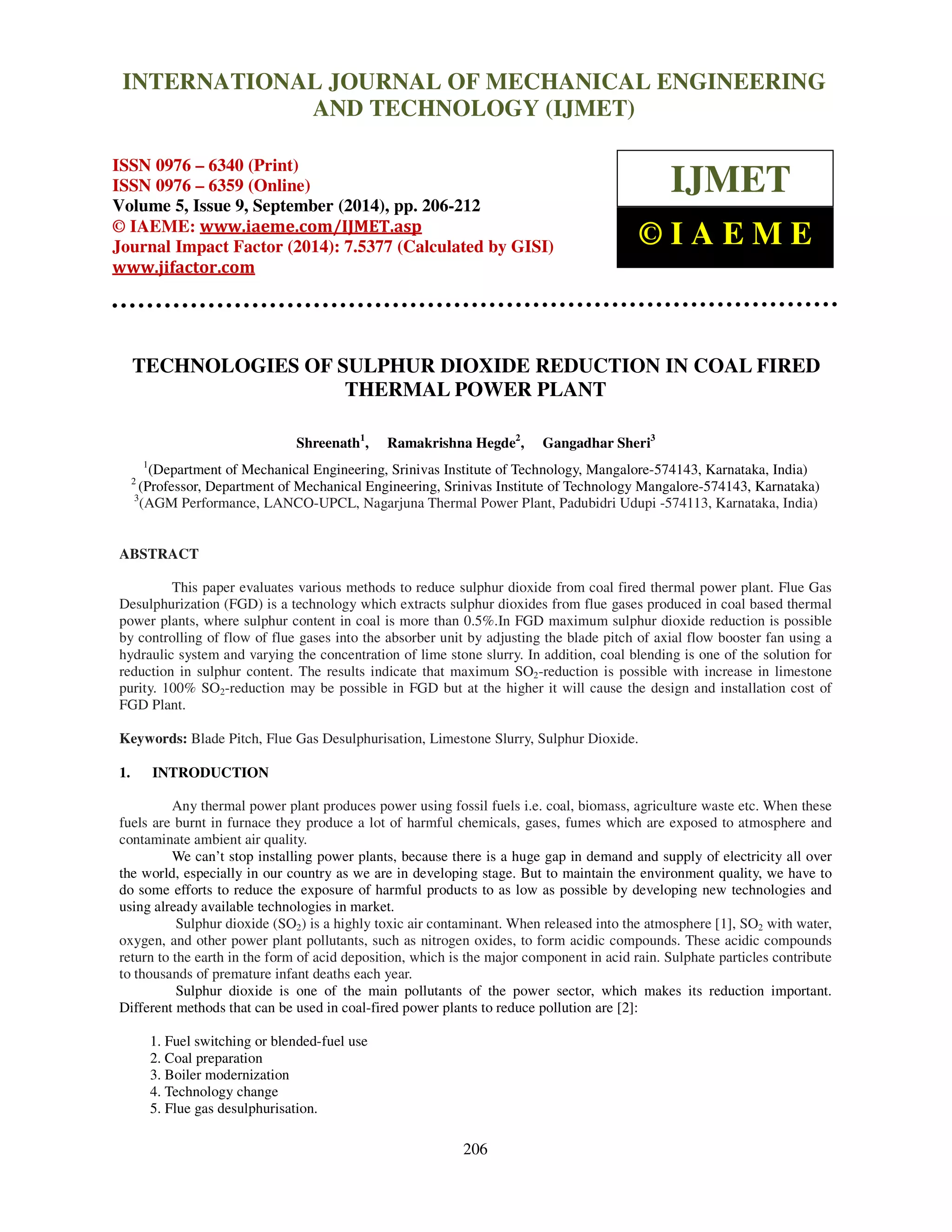 TECHNOLOGIES OF SULPHUR DIOXIDE REDUCTION IN COAL FIRED THERMAL POWER ...