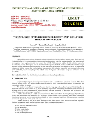 TECHNOLOGIES OF SULPHUR DIOXIDE REDUCTION IN COAL FIRED THERMAL POWER ...