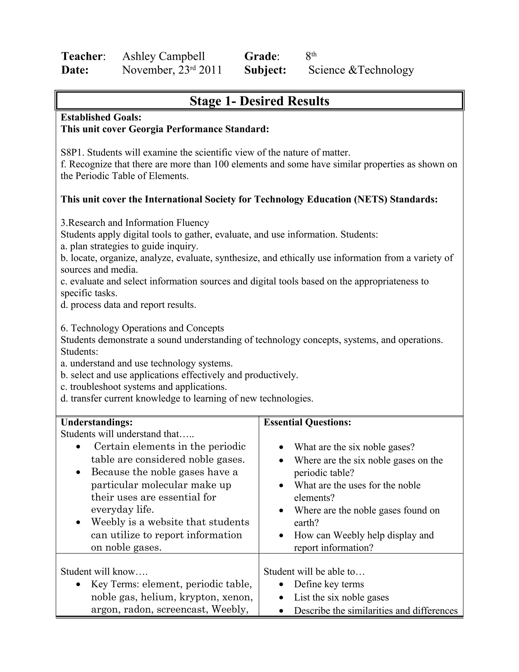 Technology Intigrated Lesson Plan (noble gases) | DOC