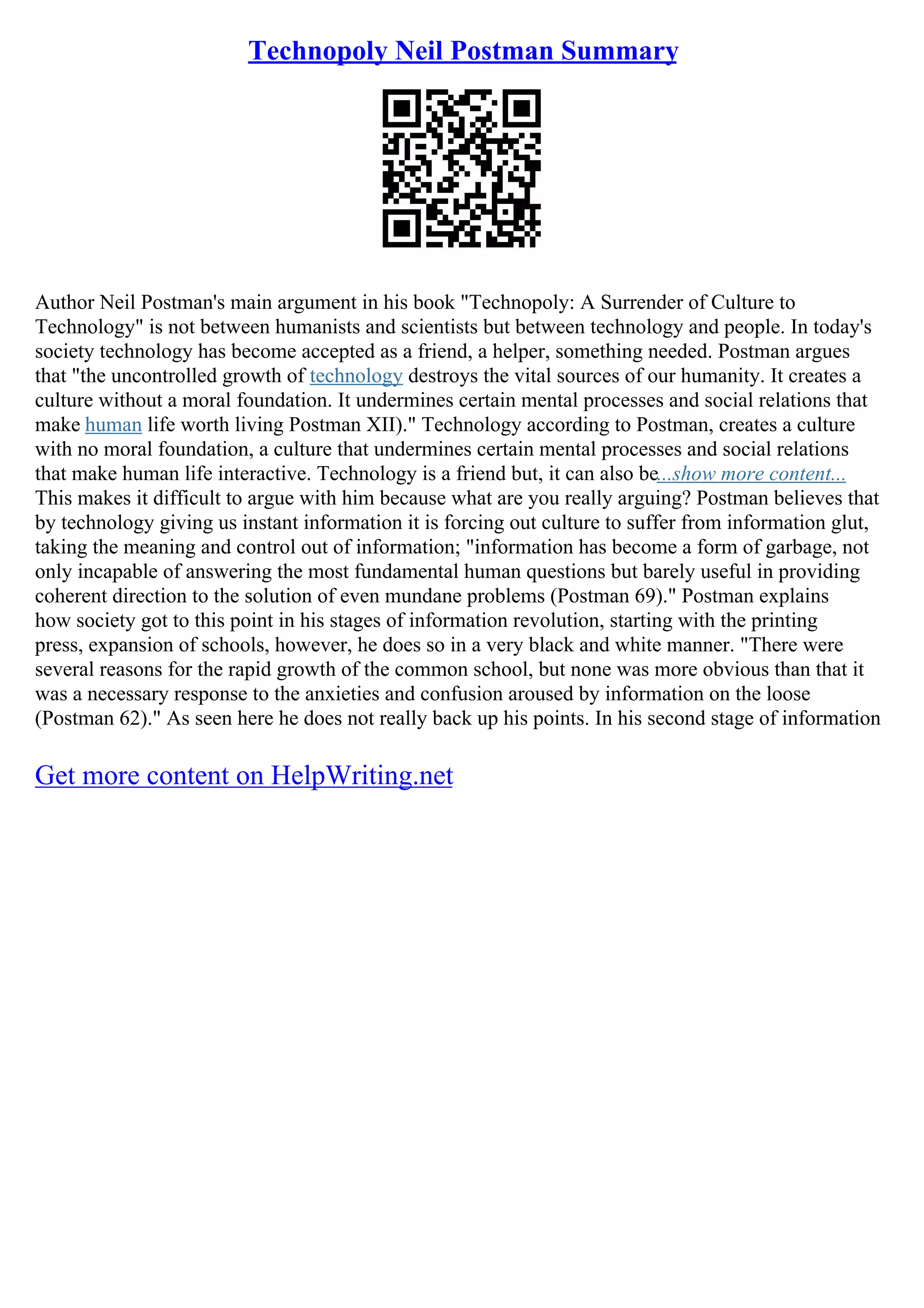 Technopoly Neil Postman Summary | PDF