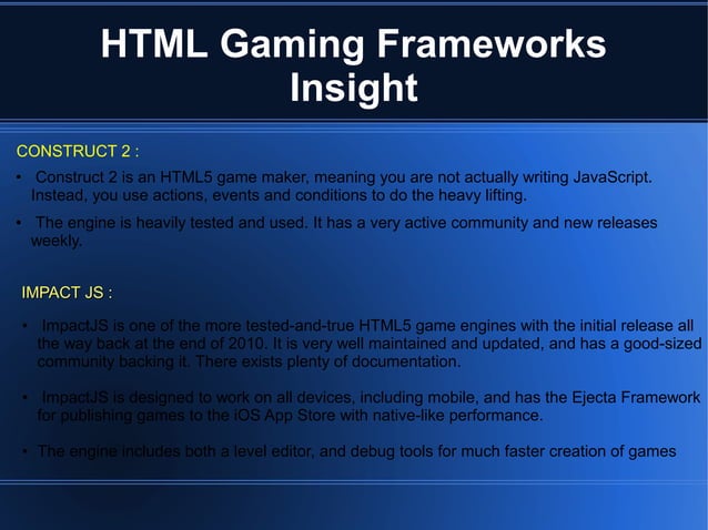 HTML5 Game Development frameworks overview | ODP | Web Development ...
