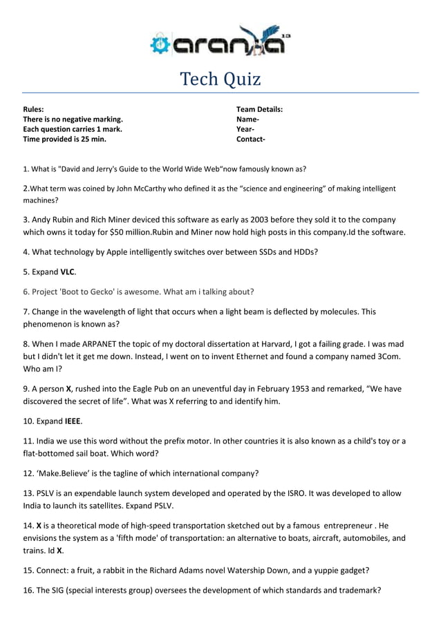Tech Quiz Nov 19,2013 | DOCX | Technology & Computing