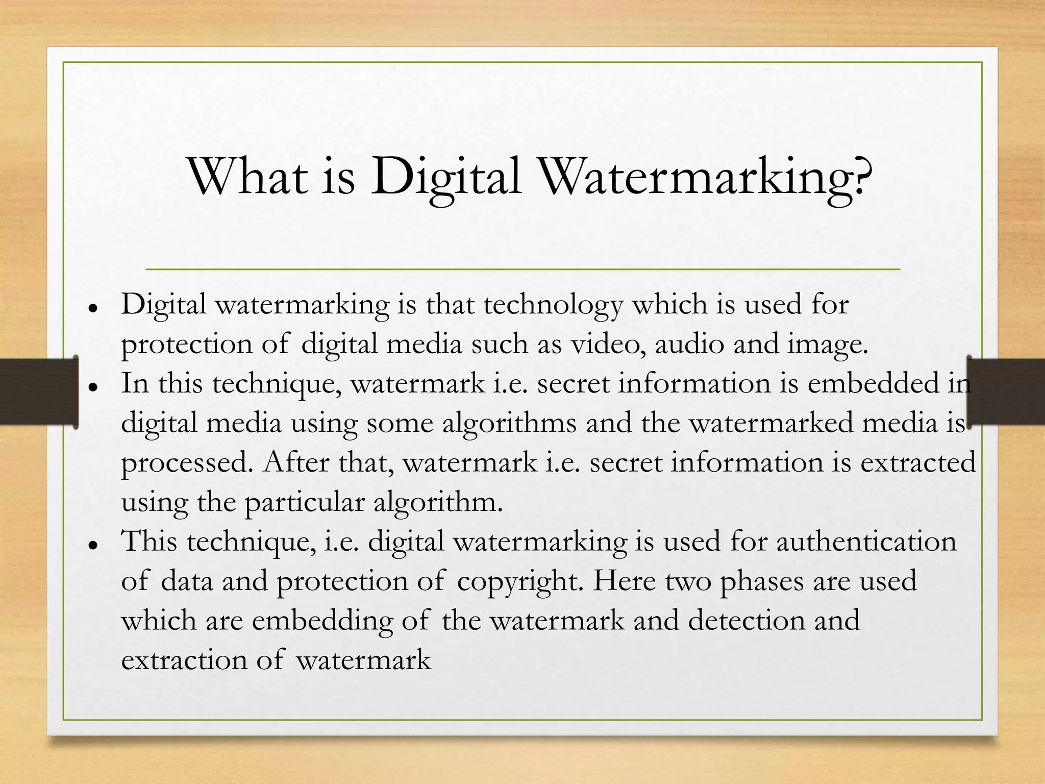 Digital watermarking techniques for security applications | PPT