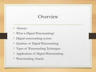Digital watermarking techniques for security applications | PPT