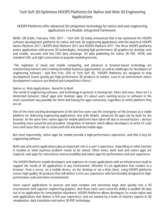 Tech Soft 3D Optimizes HOOPS Platforms for Native and Web 3D Engineering Applications | PDF