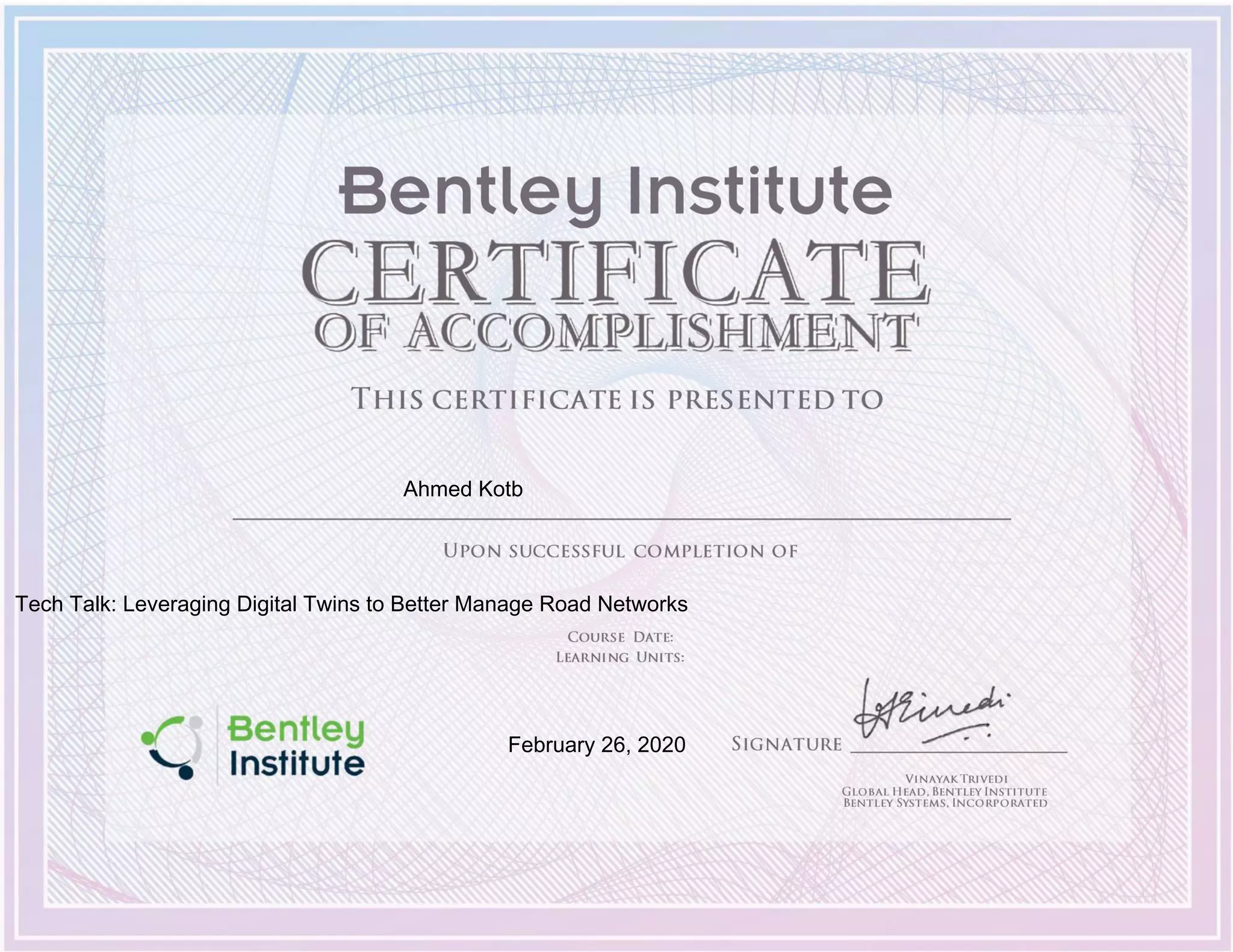 Certificate of Completion:"Tech talk leveraging digital twins to better manage road networks ...