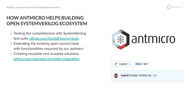 Tech talk with Antmicro - Building an open source system verilog ecosystem | PDF