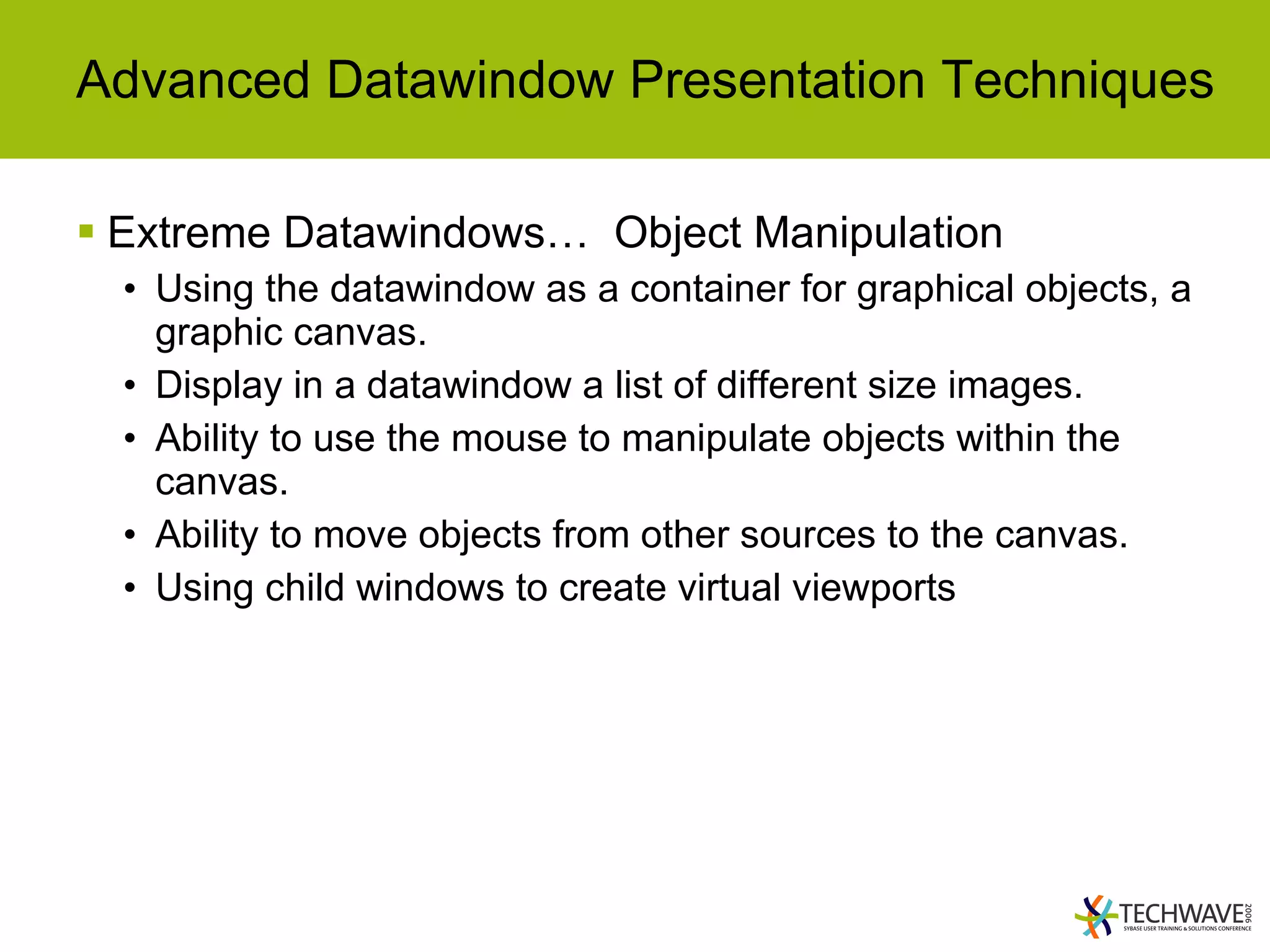 Techwave 2006 Advanced Datawindow Techniques | PPT | Programming Languages | Computing