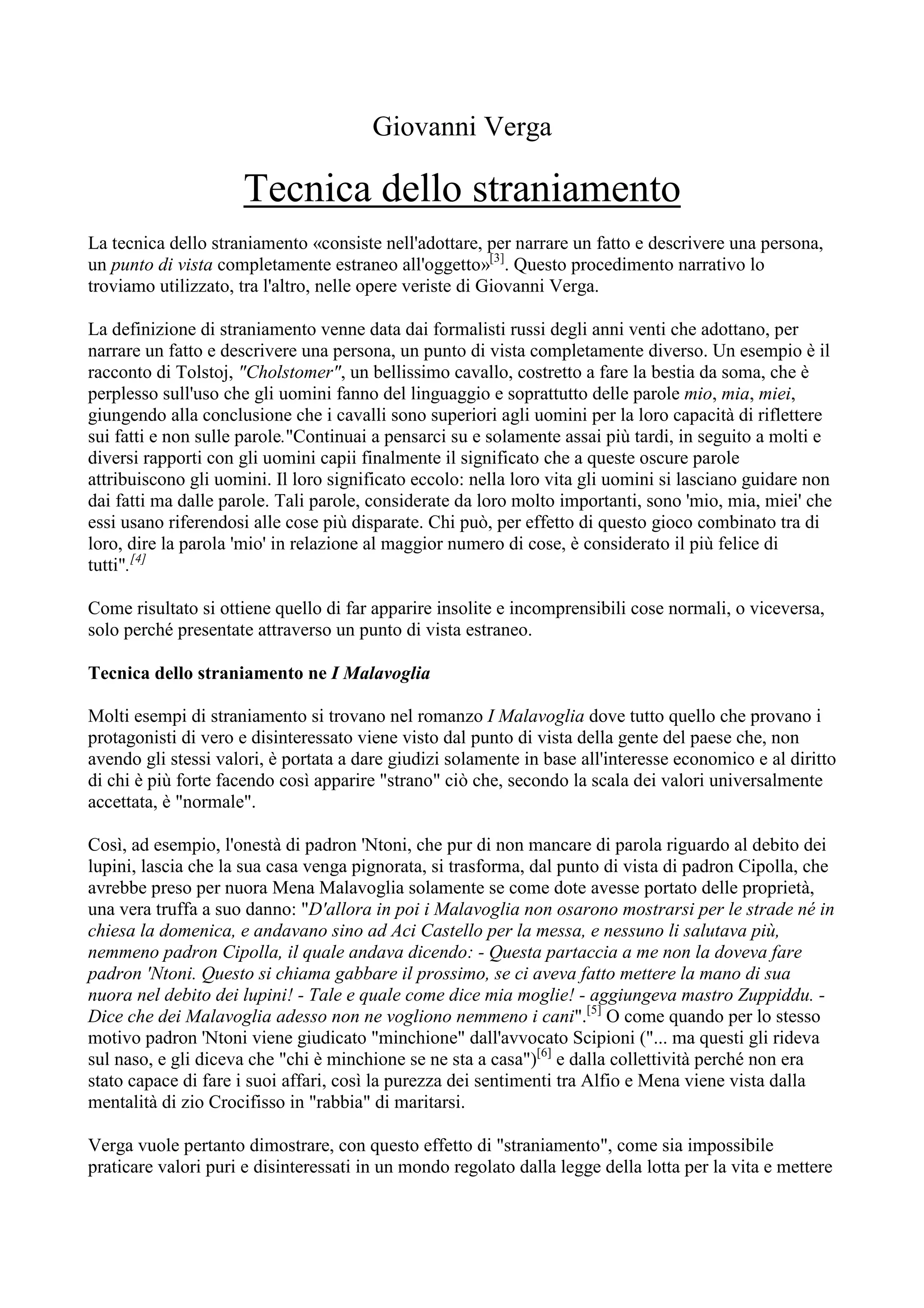 Tecnica dello straniamento - Giovanni Verga | PDF