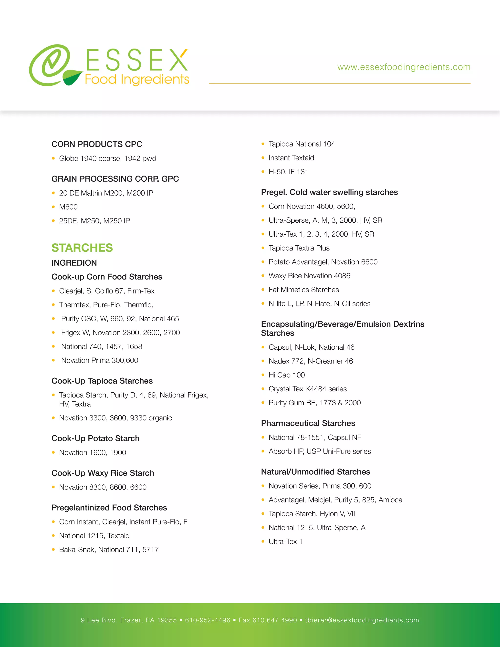 Essex Food Ingredients Product List | PDF