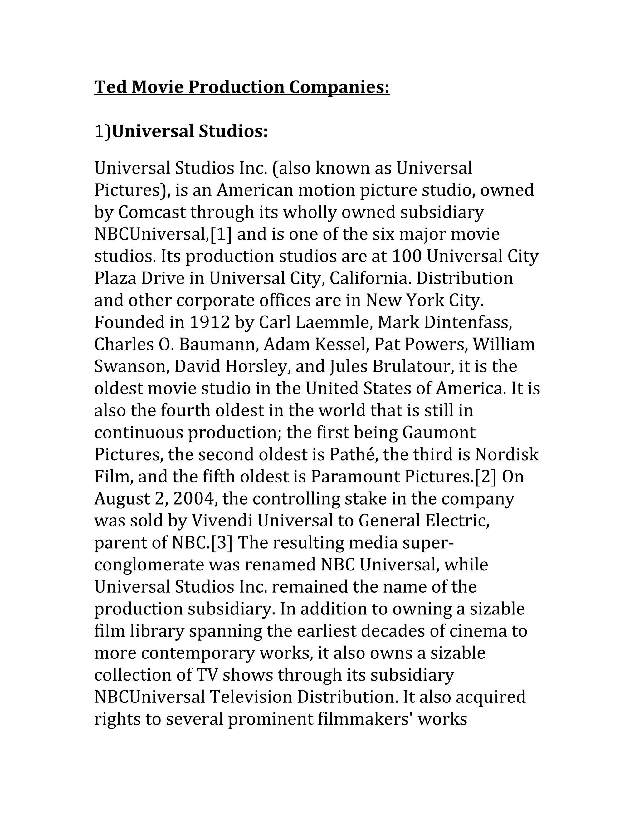 Ted movie production companies | DOCX