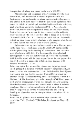TED Talk AnalysisSchools Kill Creativity by Ken RobinsonRobin.docx