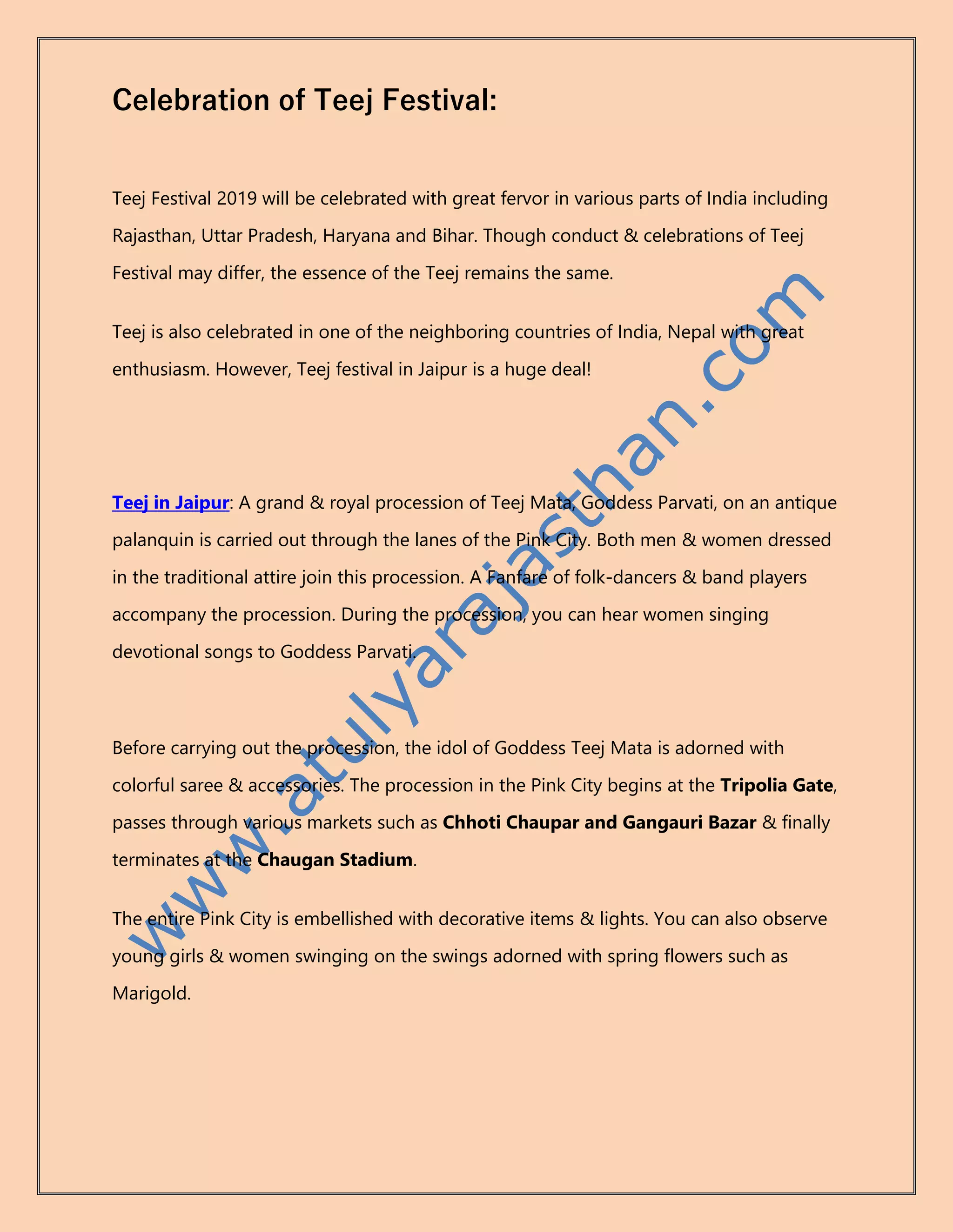 Teej Festival in Jaipur – The Vibrant Celebration in Pink City | PDF