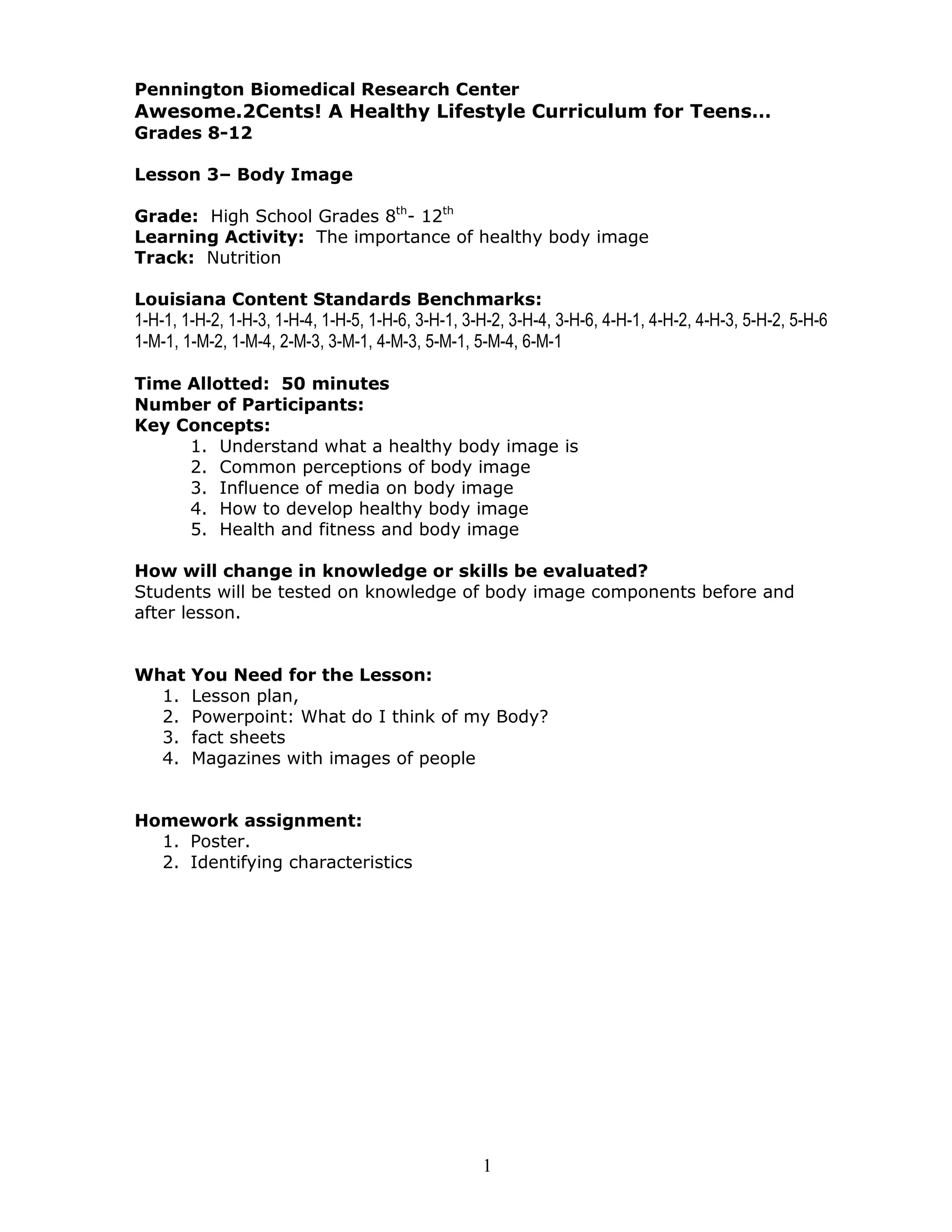 Teen curriculum body image Unit 3 | PDF