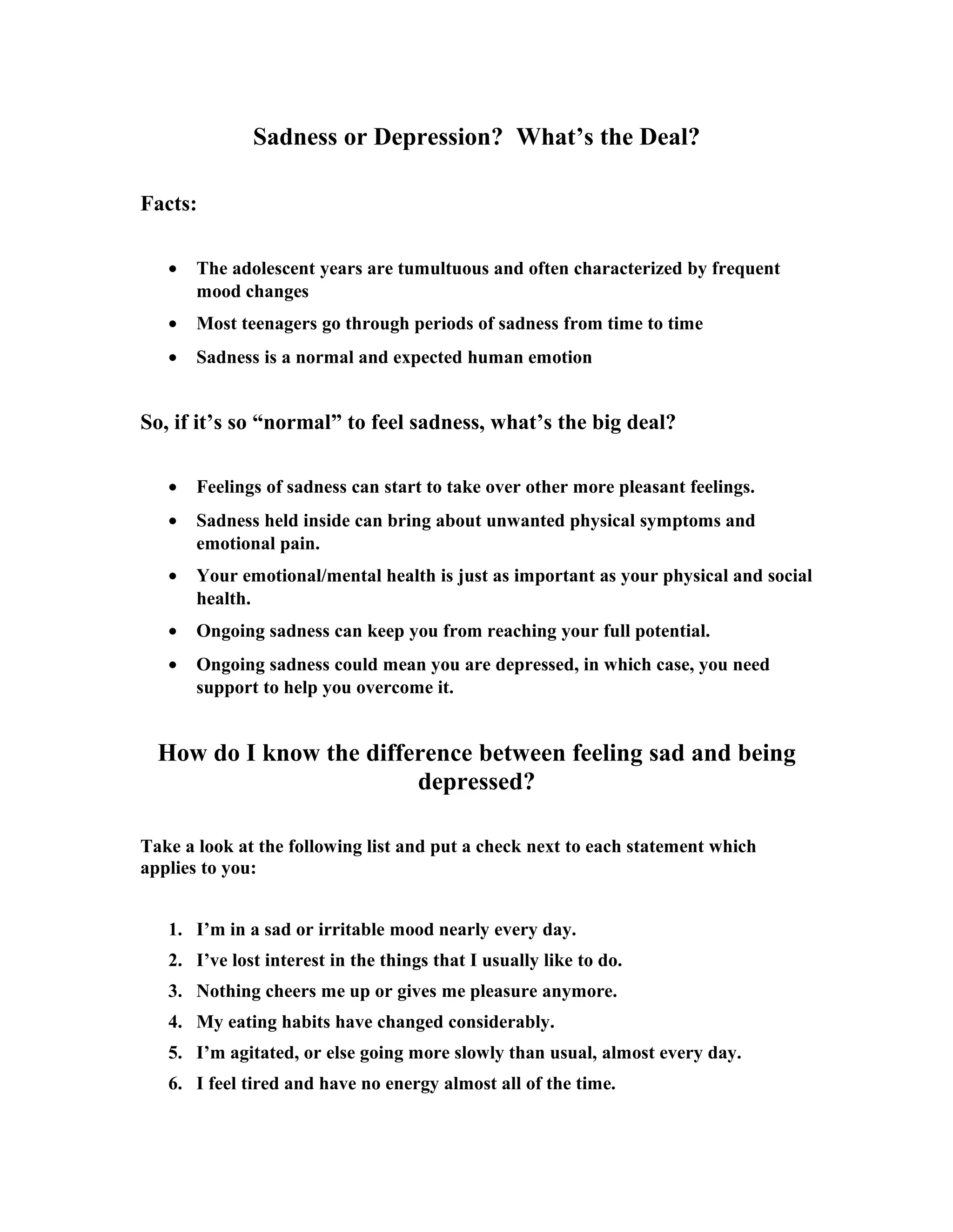 Teen depression handout | DOC