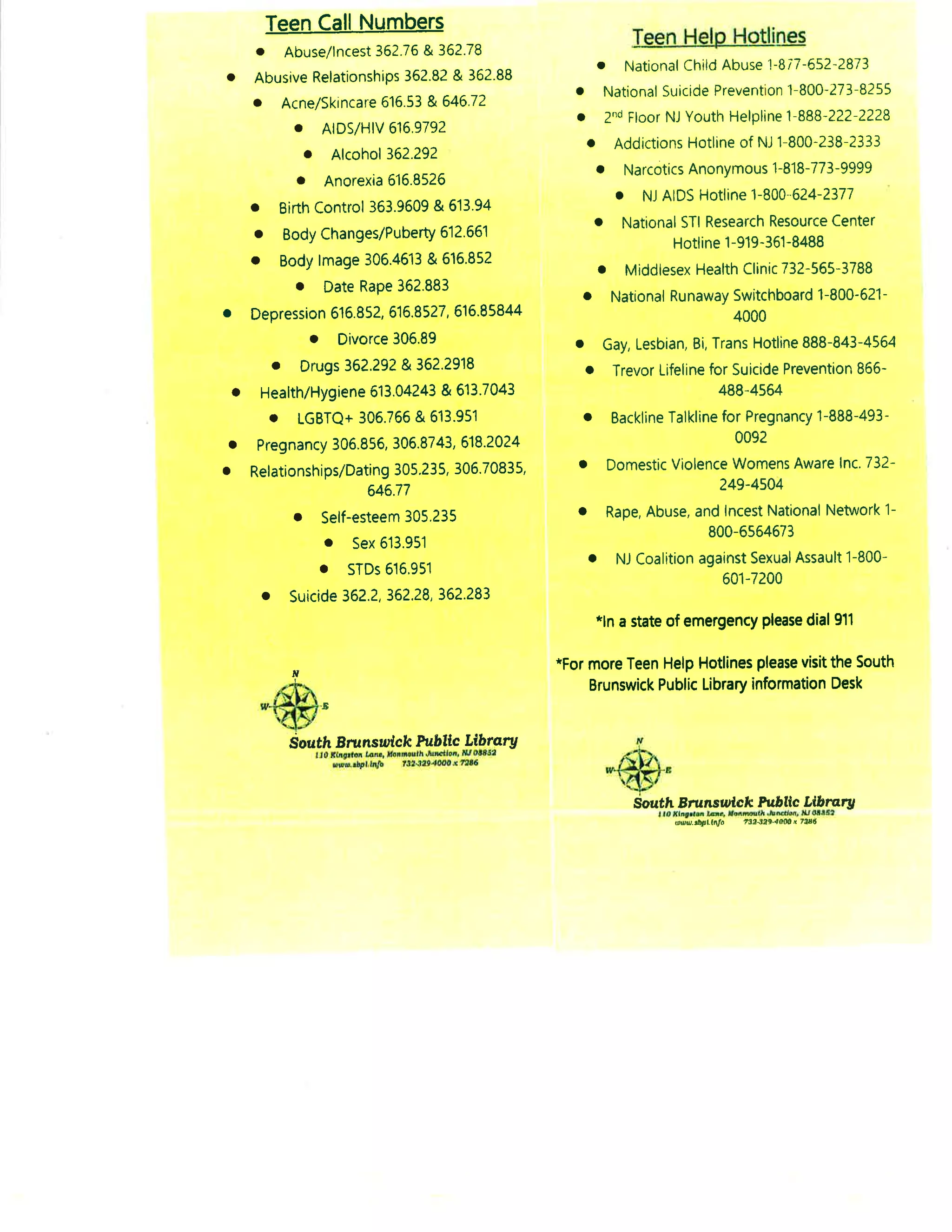 Teen mental health library call numbers and phone numbers | PDF