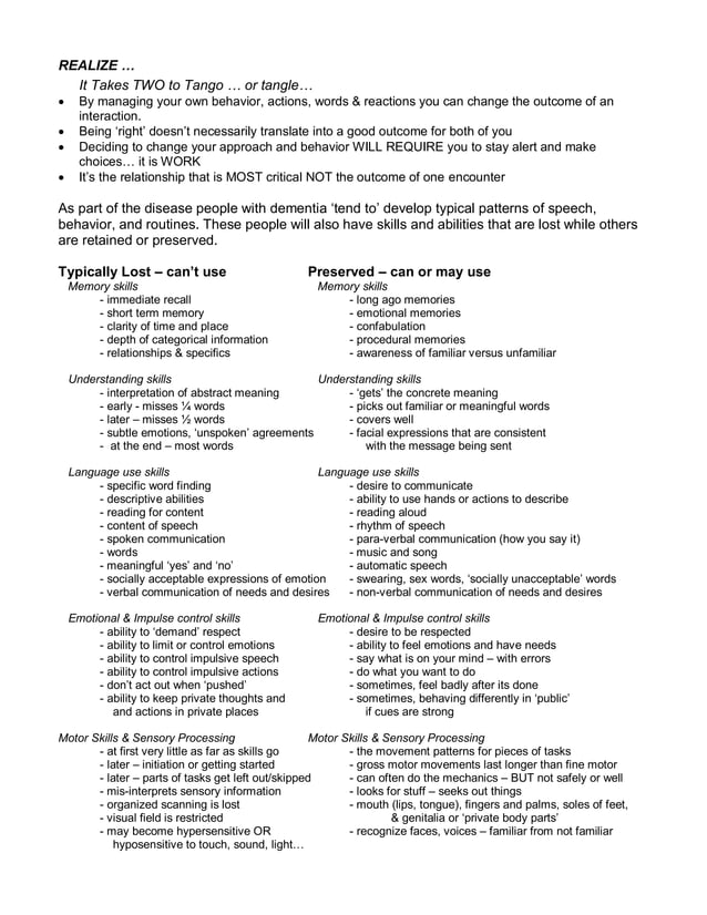 Teepa Snow Dementia Building Skill Handout | PDF