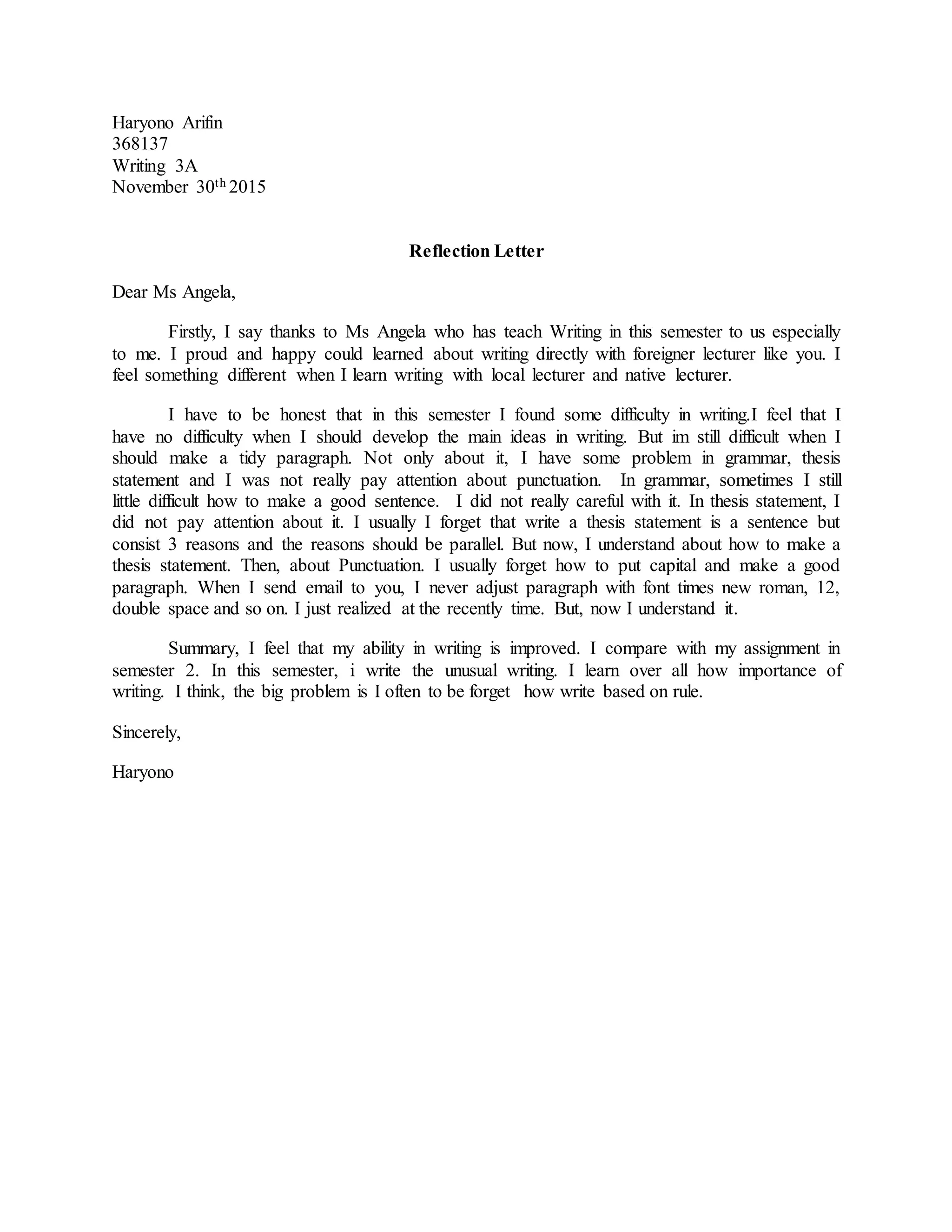 Writing3a haryono arifin 368137- reflection letter2 | DOCX