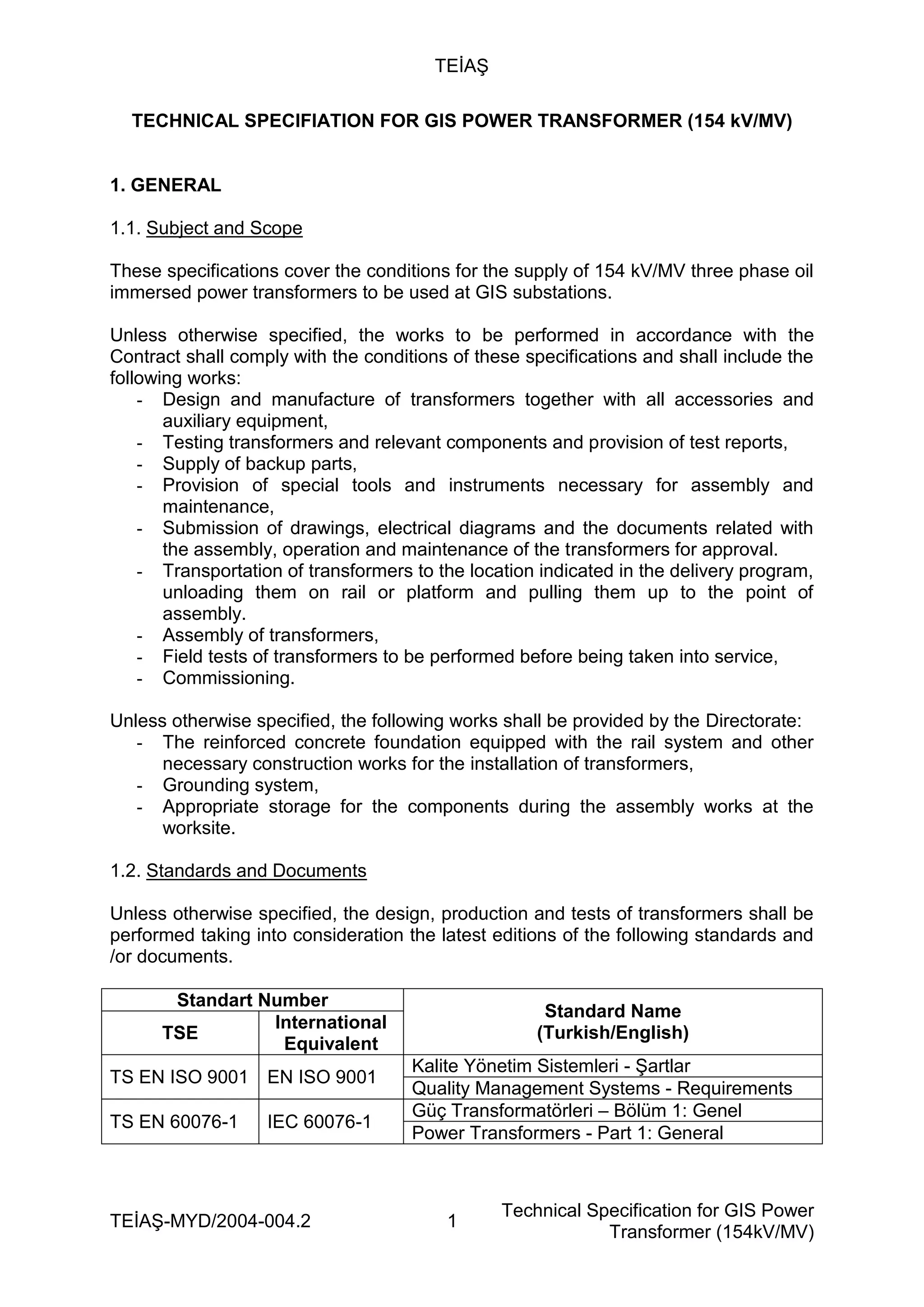 TEİAŞ-MYD-2004-004.2 Technical Specification for GIS Power Transformer ...