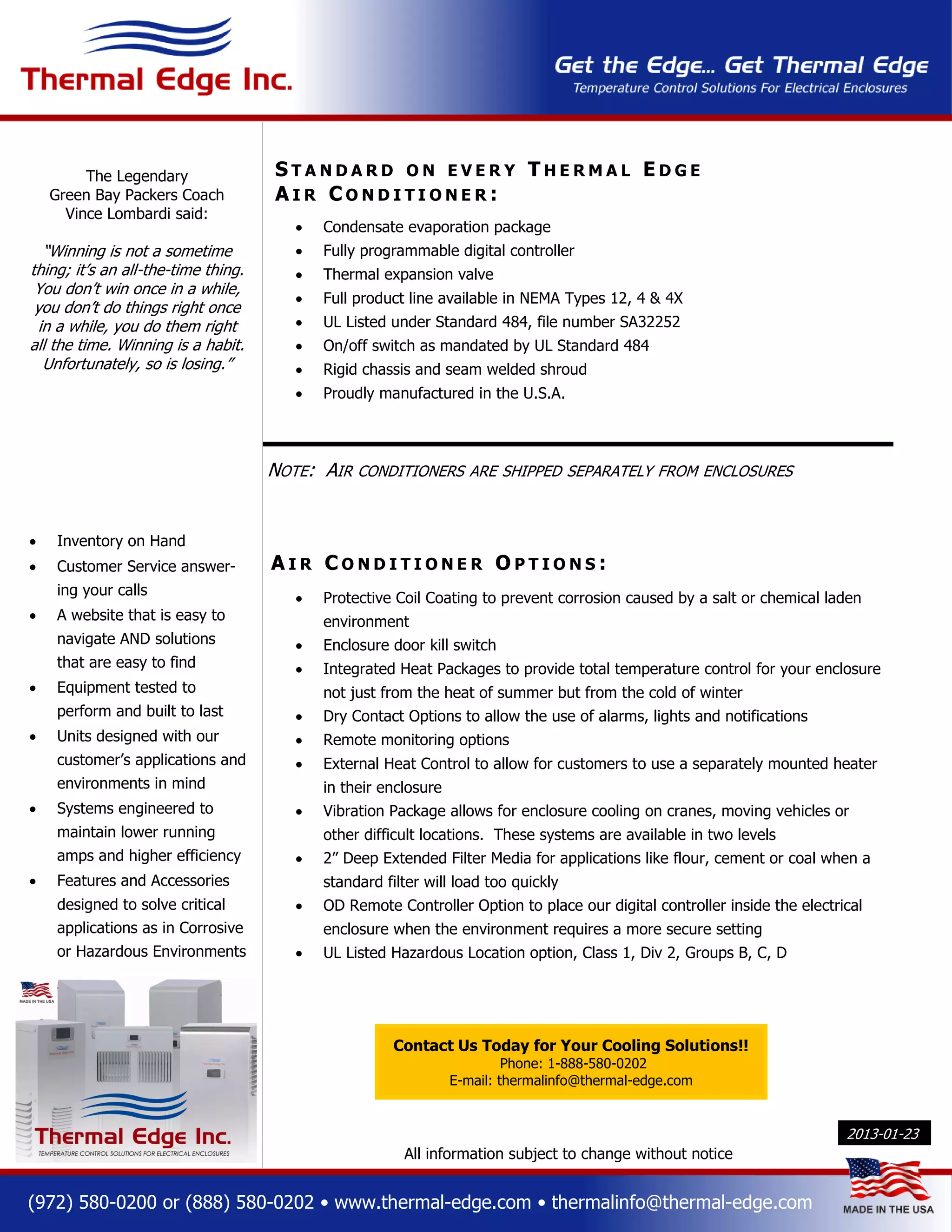 Thermal Edge UL Listed Enclosure ACs Brochure 2013 | PDF